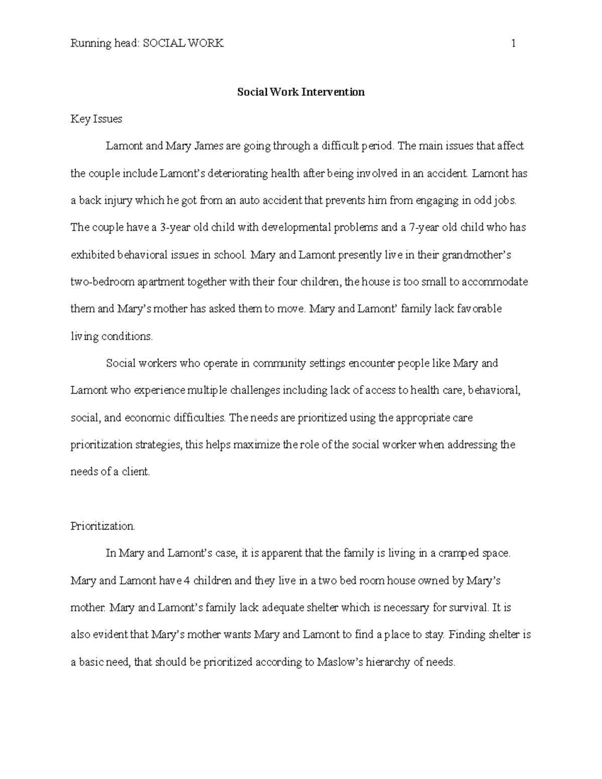 Social Work Int - Running head: SOCIAL WORK 1 Social Work Intervention ...