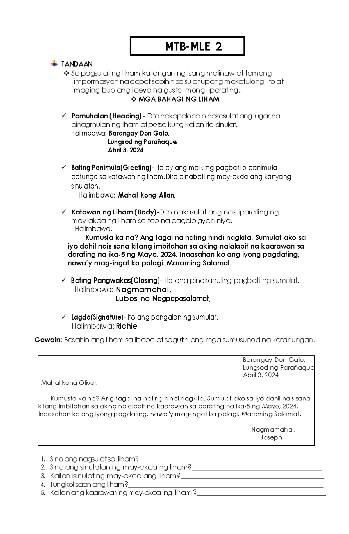 MTB2 WEEK 1 Day 4 - Barangay Don Galo, Lungsod ng Paraňaque Abril 3, 2024 Mahal kong Oliver ...