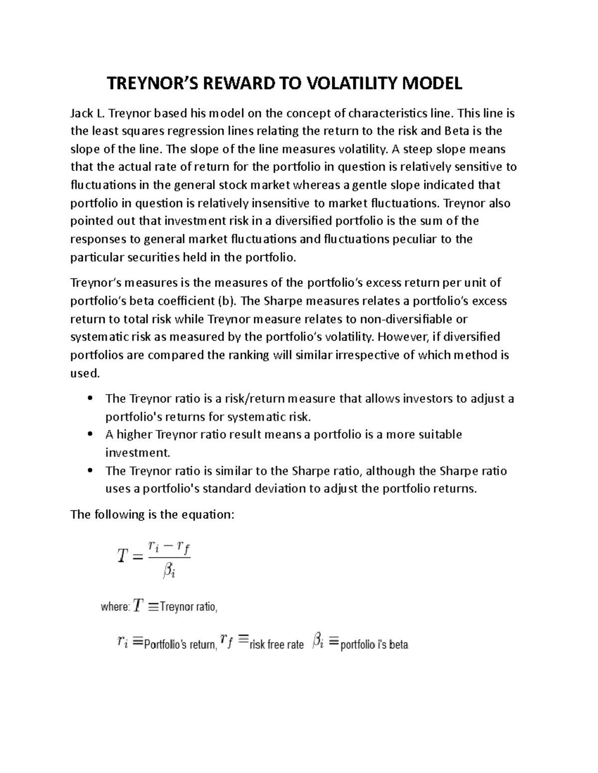 Treynor's ratio used for portfolio evaluation - TREYNOR’S REWARD TO ...