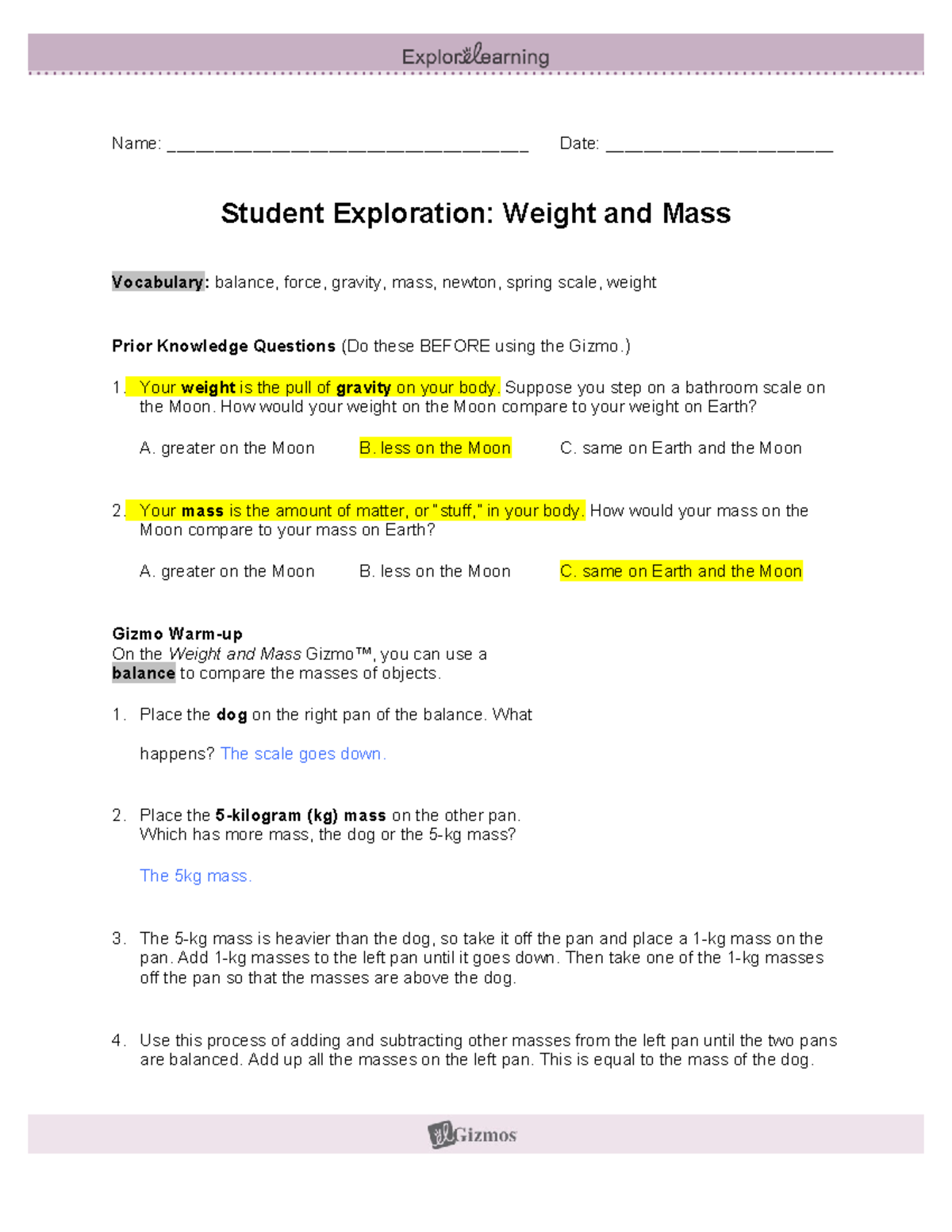 Weight Mass Student (1) - Name ...