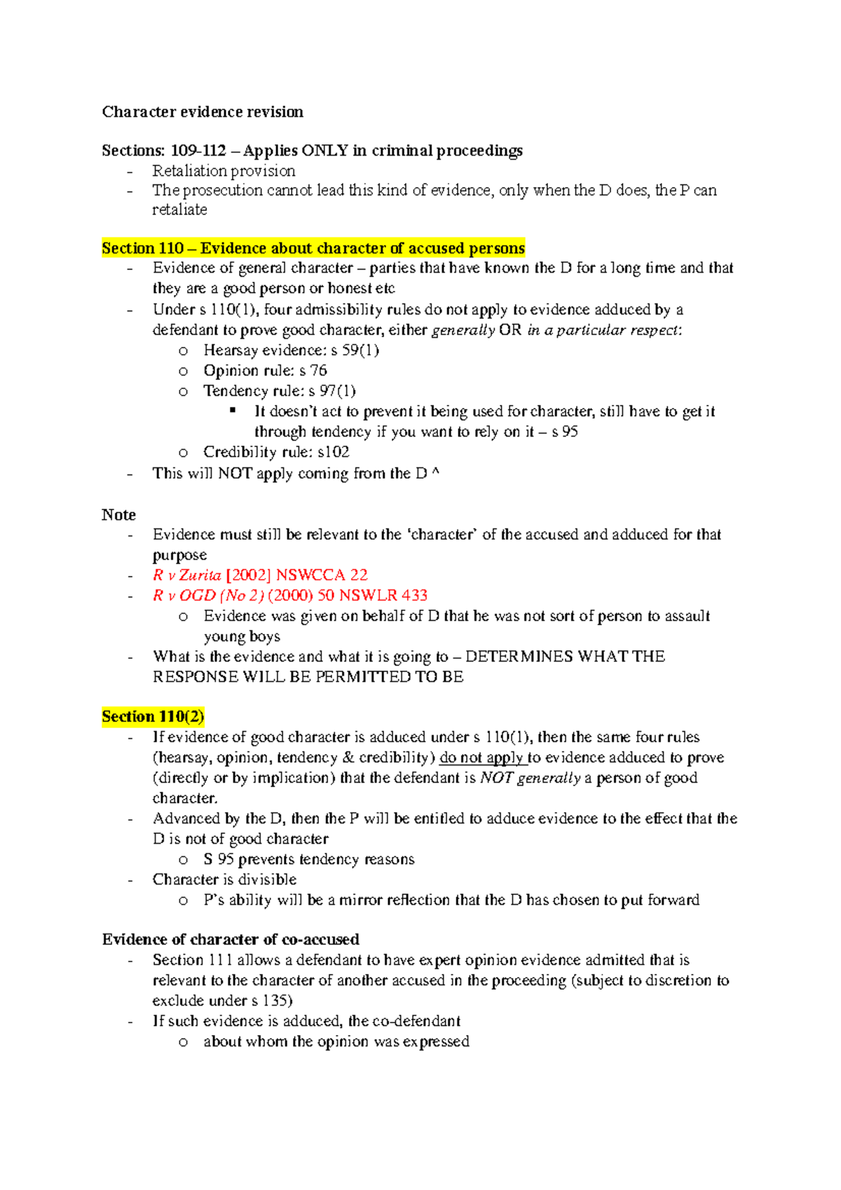 Character evidence revision - LLB 301 - UOW - Studocu