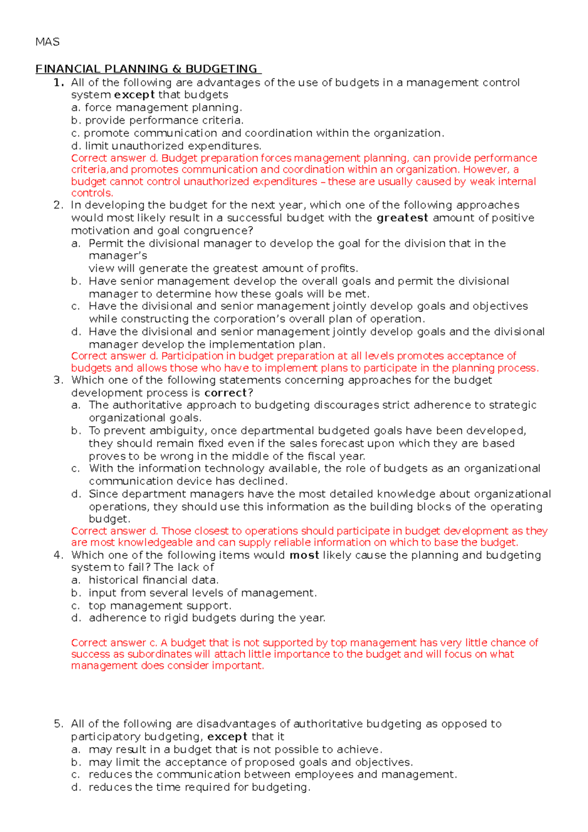 MAS MCQs Exercise Financial Planning Budgeting - MAS FINANCIAL PLANNING ...