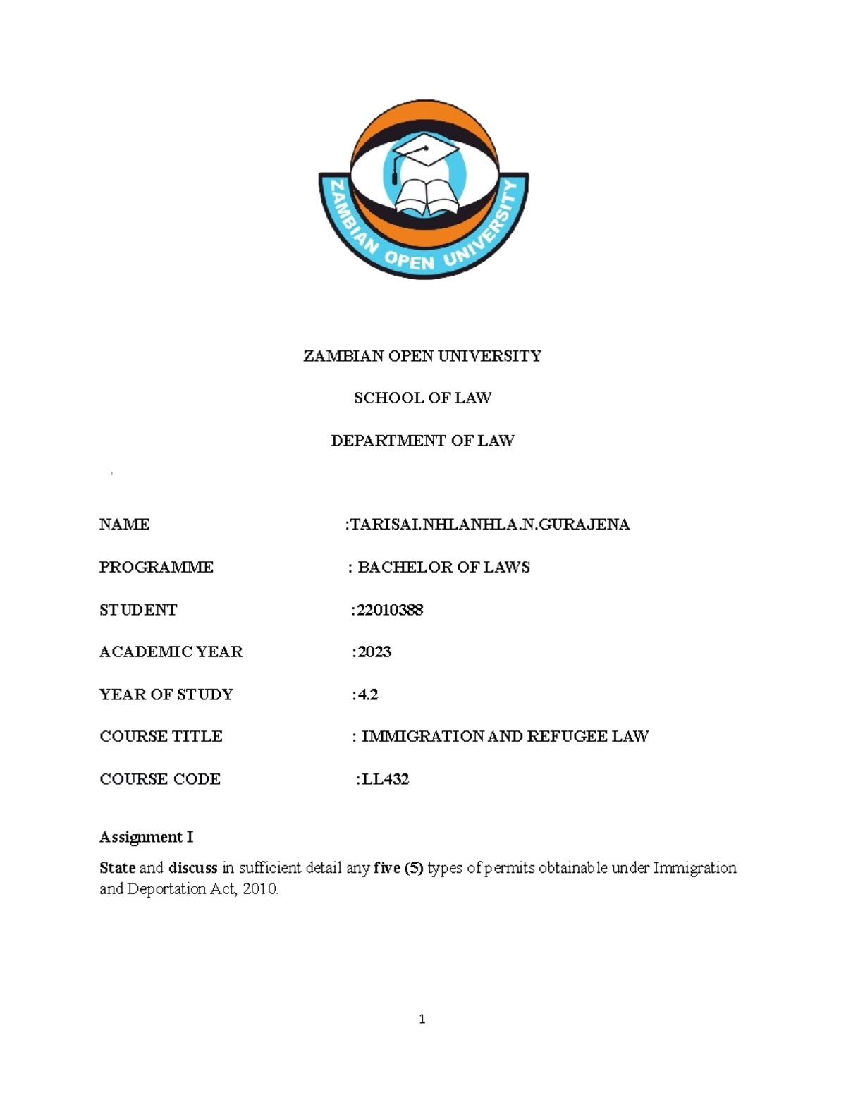 Immigration essay - ZAMBIAN OPEN UNIVERSITY SCHOOL OF LAW DEPARTMENT OF ...