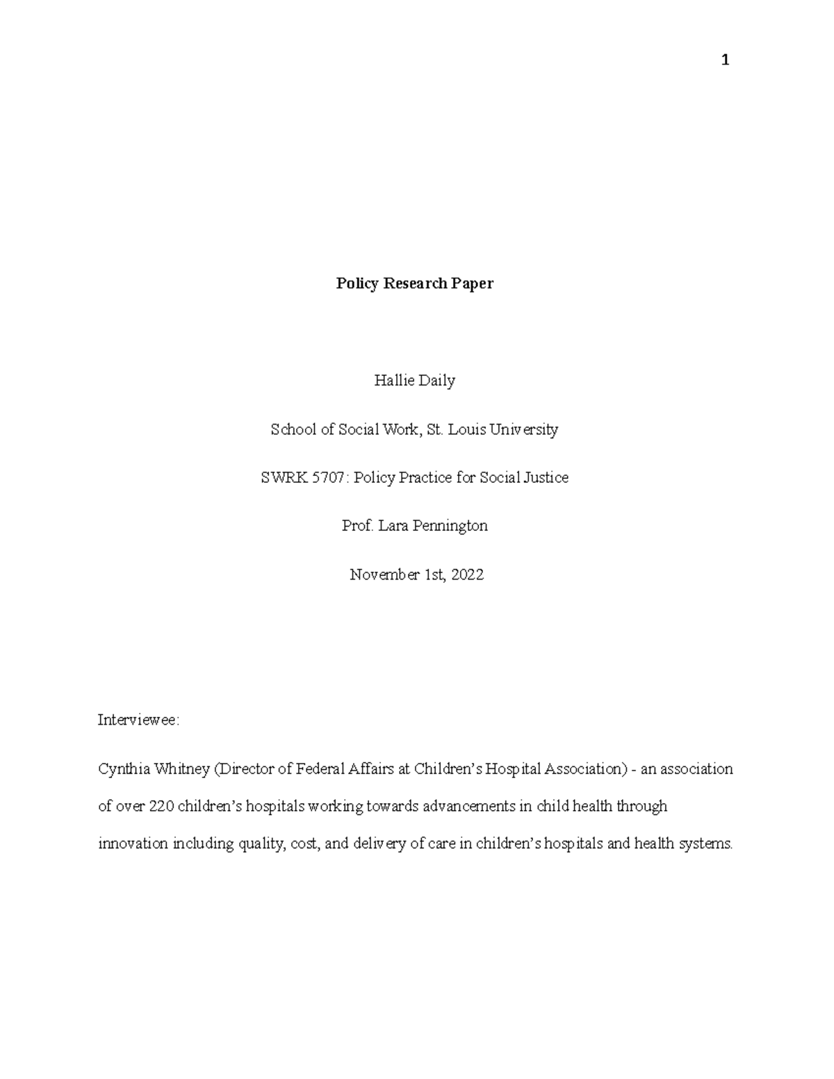 SWRK 5707 Policy Research Paper - Policy Research Paper Hallie Daily ...