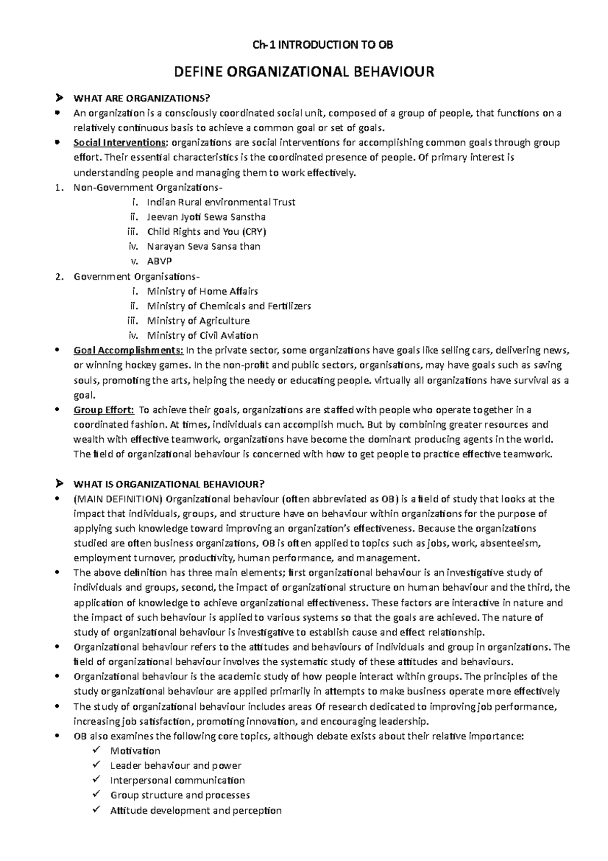 Ch-1 OB - Ch-1 INTRODUCTION TO OB DEFINE ORGANIZATIONAL BEHAVIOUR WHAT ...