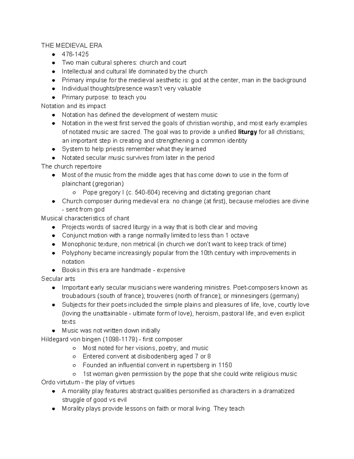 Exploring Music Quiz 2 Full Notes - THE MEDIEVAL ERA Two main cultural ...