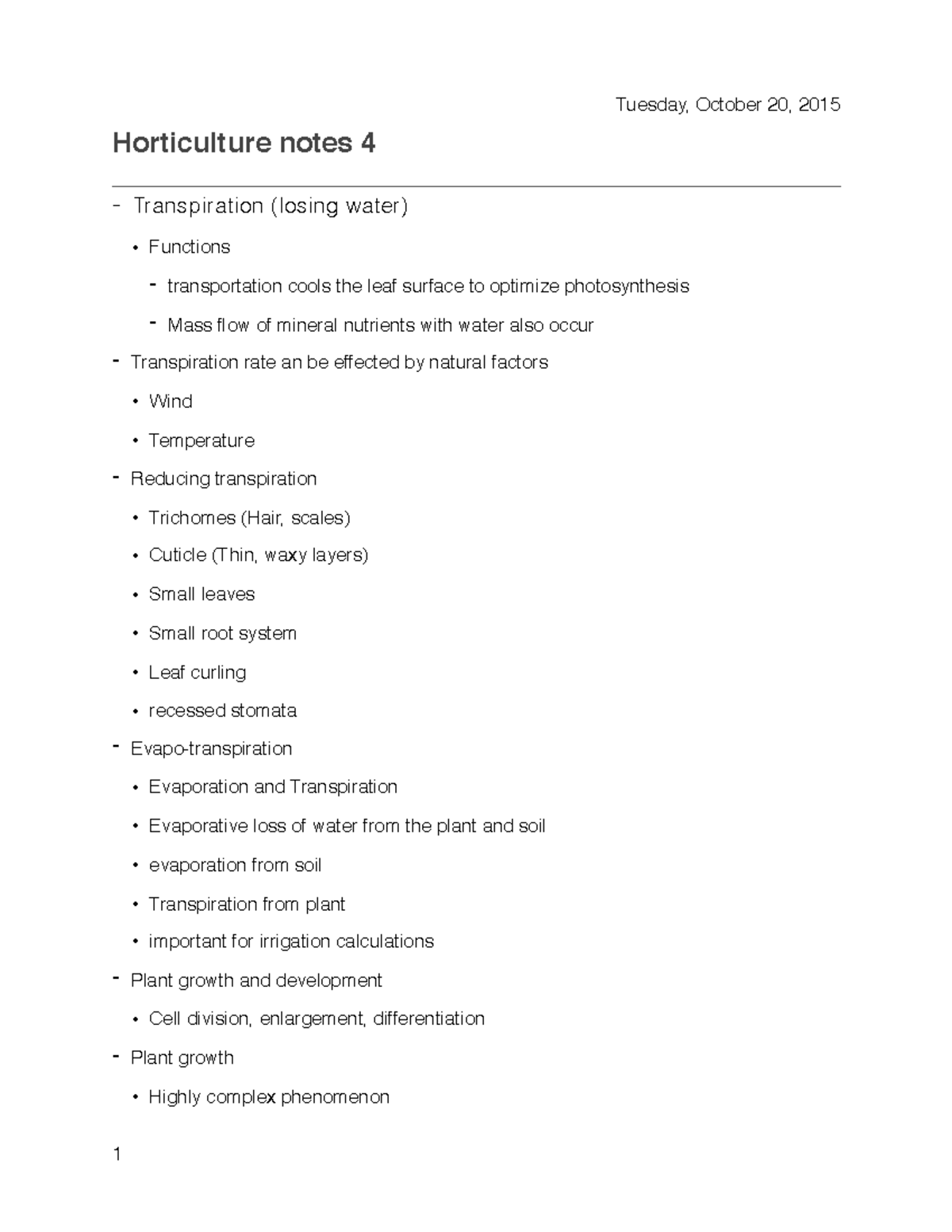 Horticulutrue notes 4 - Horticulture notes 4 - Tr a n s p i r a t i o n ...
