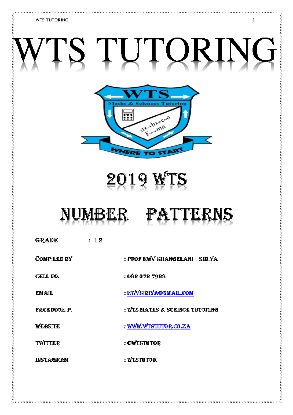 2019 WTS Number Patterns - 2019 wts NUMBER PATTERNS GRADE : 12 COMPILED ...