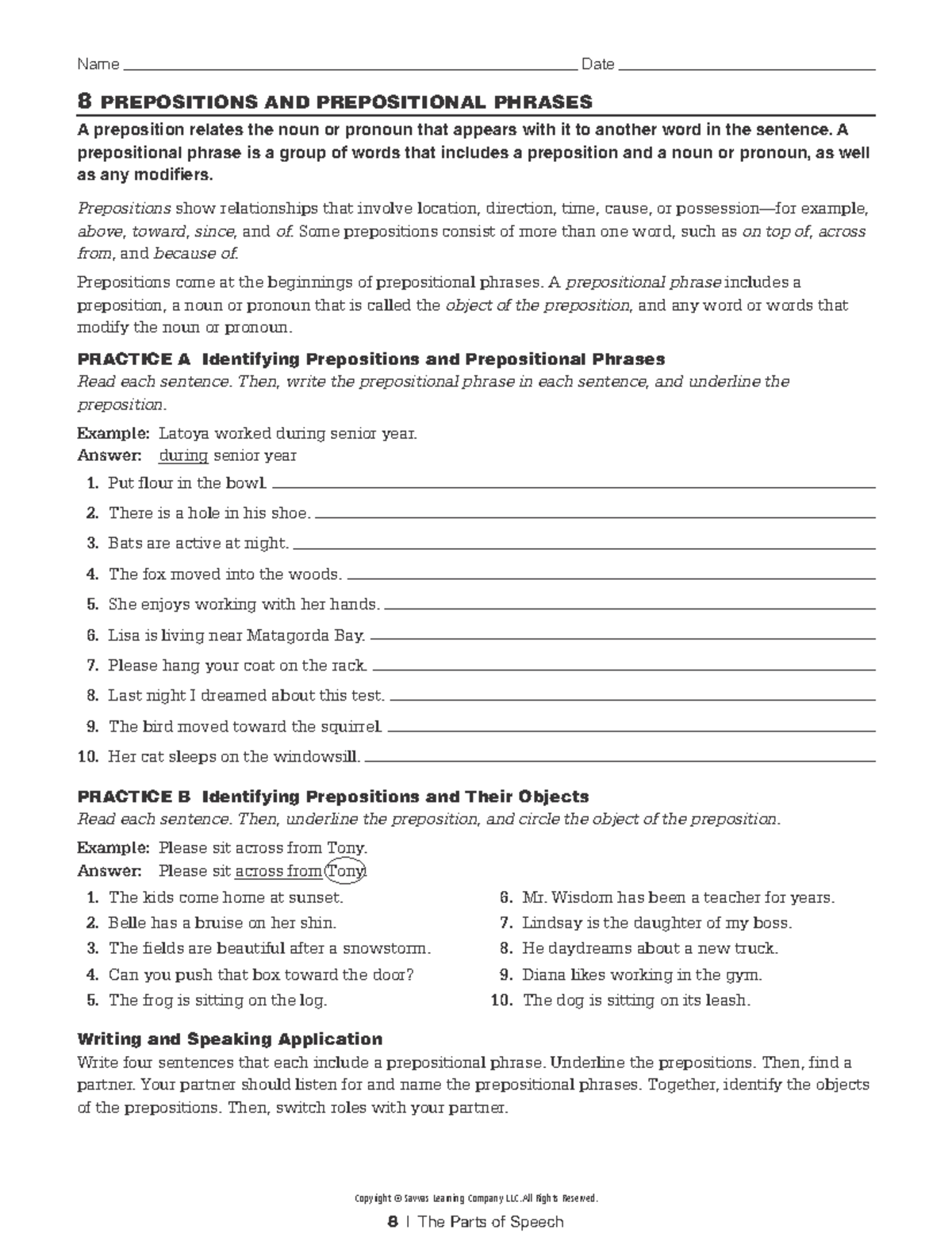 12th Grade Savvas Grammar wkbk prep and conj - Name Date 8 PREPOSITIONS ...