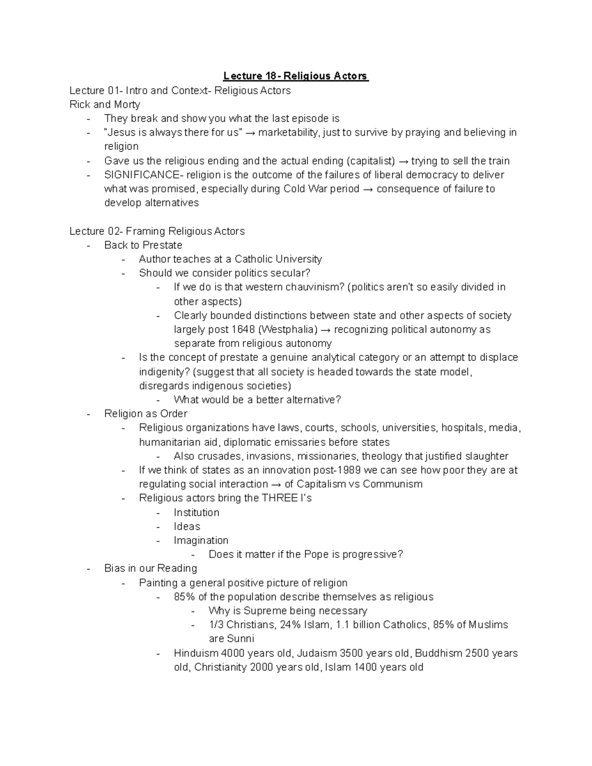 Polisci 1020 - Semester 2 - Lecture 18 - 2021 - Lecture 18- Religious Actors Lecture 01- Intro ...