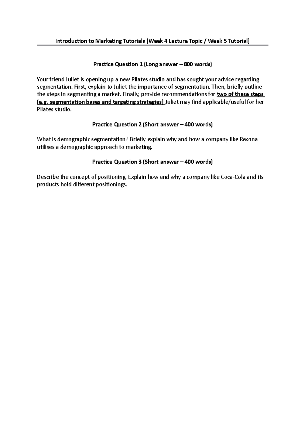W4 practice questions - Workshop - Introduction to Marketing Tutorials ...