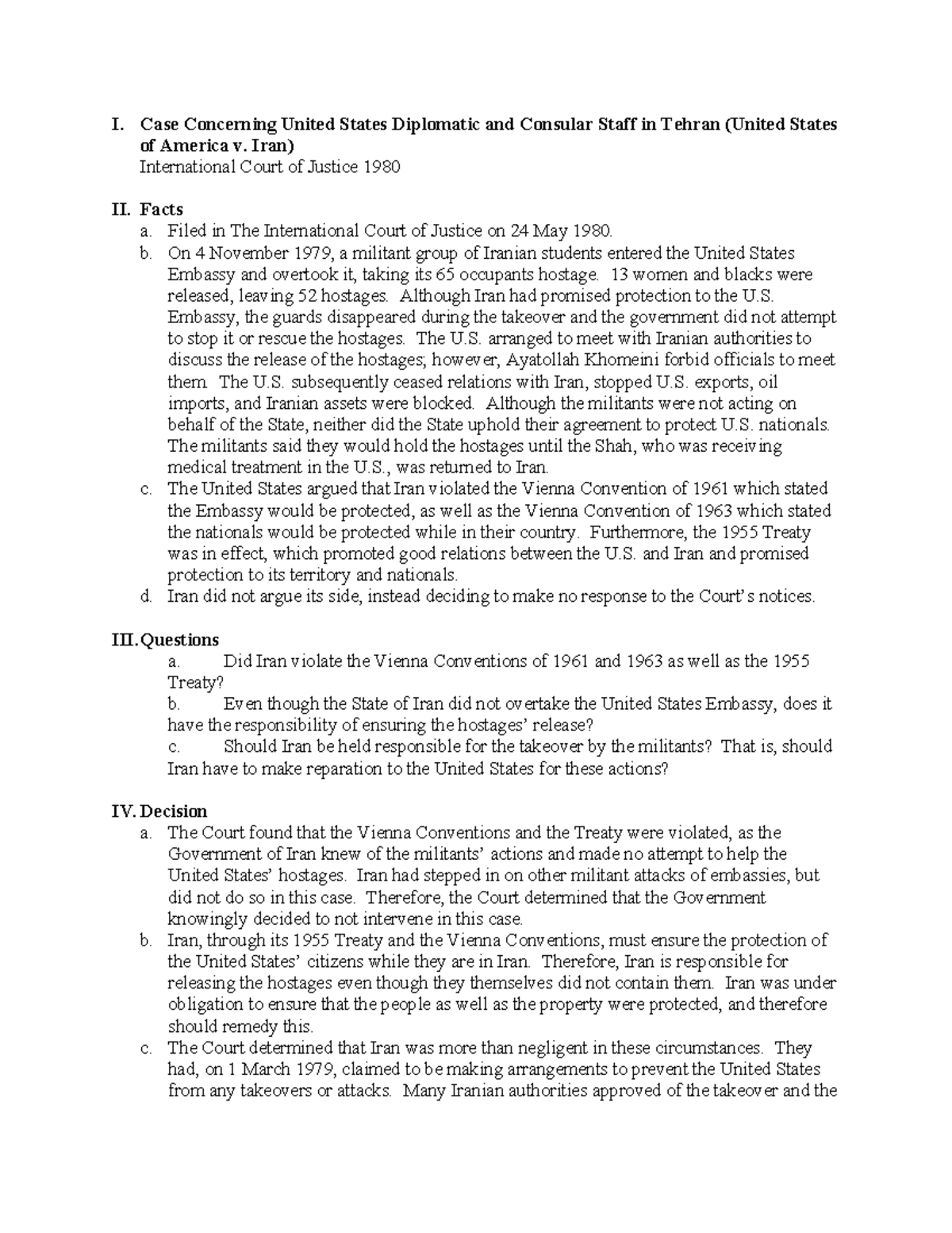 163617583 Diplomatic and Consular Staff Case Brief - I. Case Concerning ...