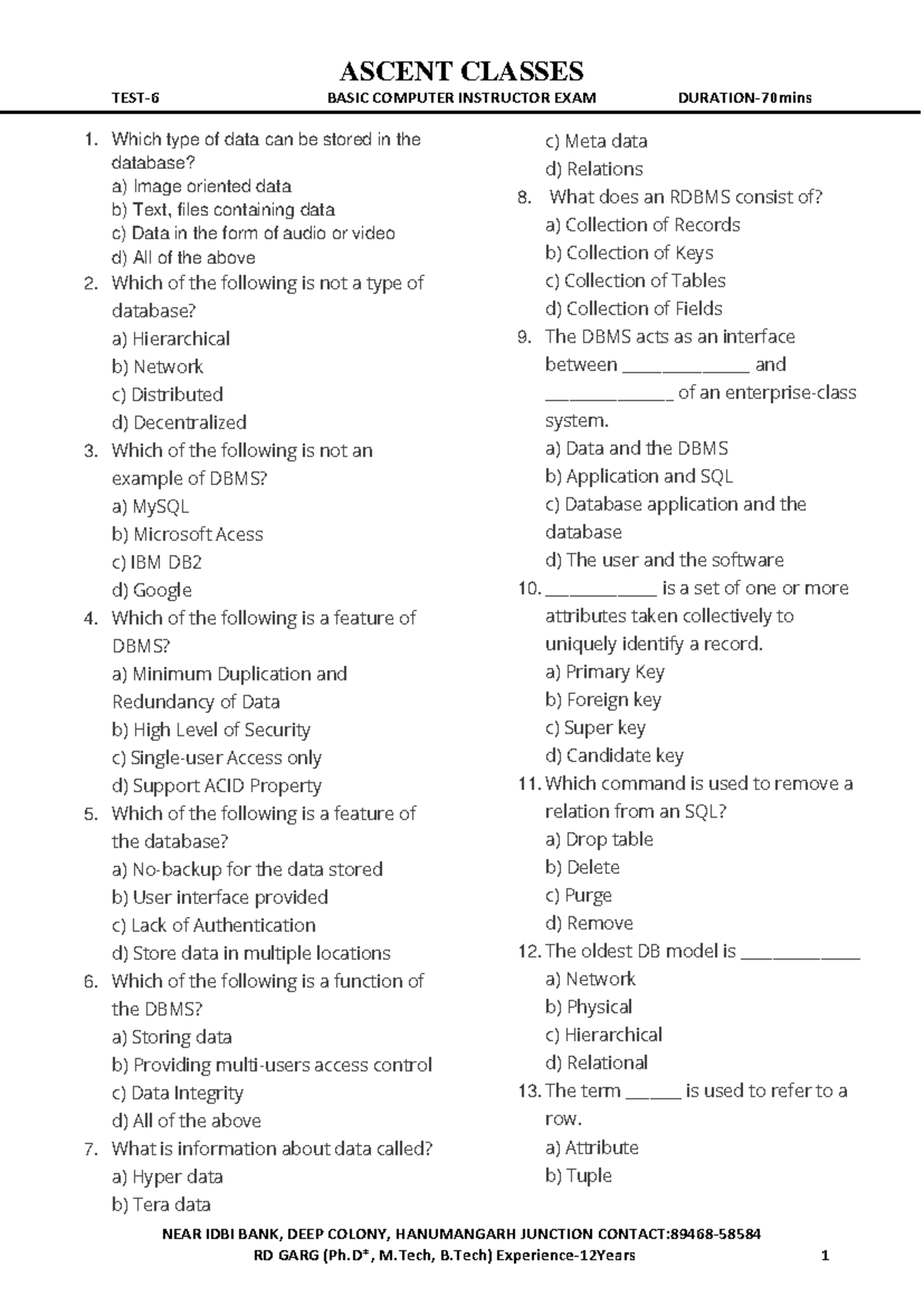 Computer fundamentals - TEST- 6 BASIC COMPUTER INSTRUCTOR EXAM DURATION ...