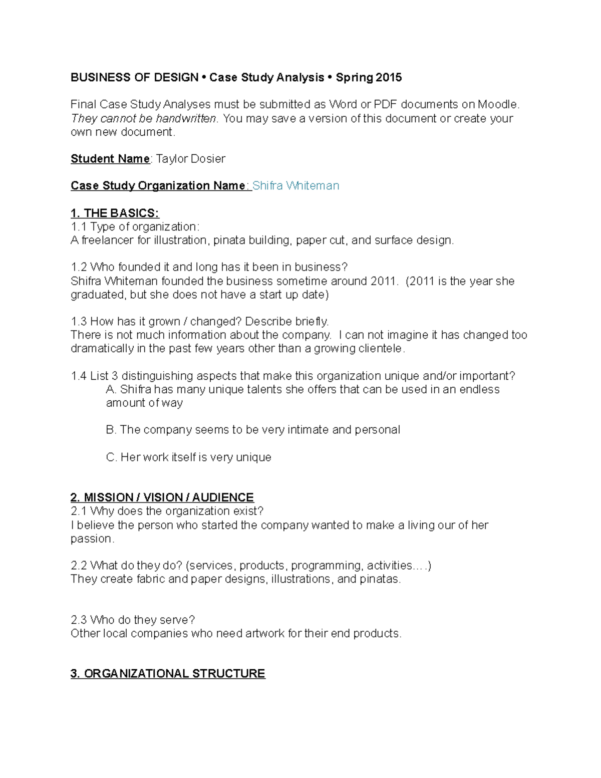 Bo D Case Study 03 - Worksheet on a local business entrepreneur (Shifra ...