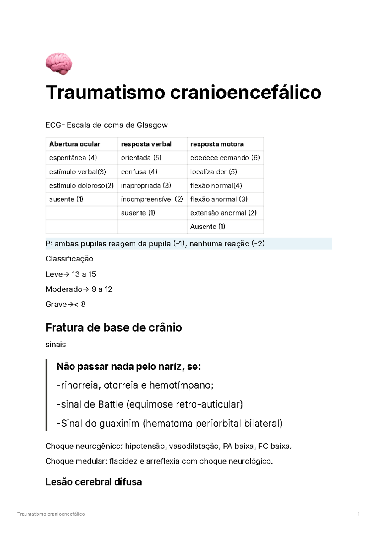 Traumatismo cranioenceflico - Choque medular: flacidez e arreflexia com ...
