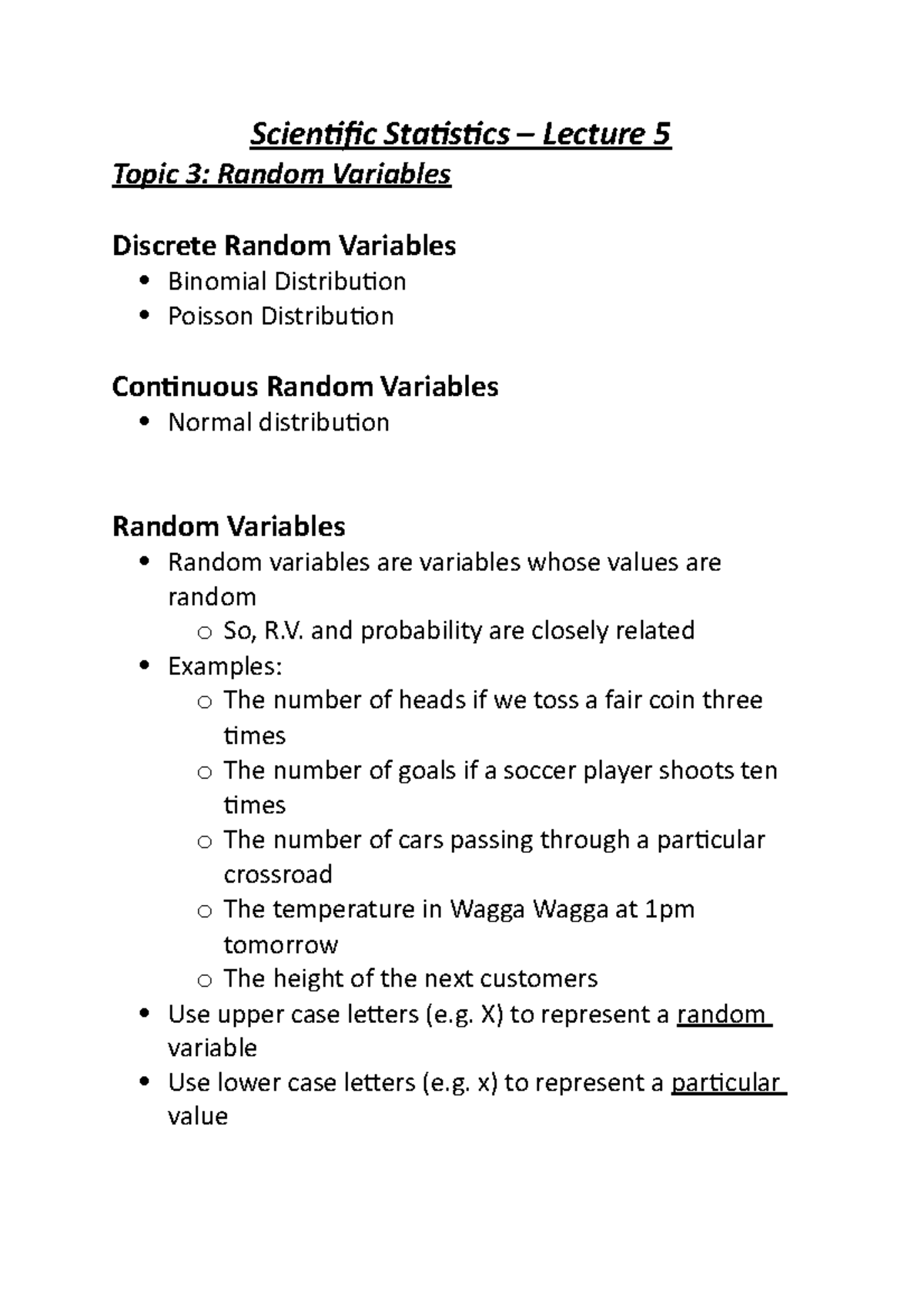 Scientific Statistics Lecture 5 - Scientific Statistics – Lecture 5 Topic 3: Random Variables ...