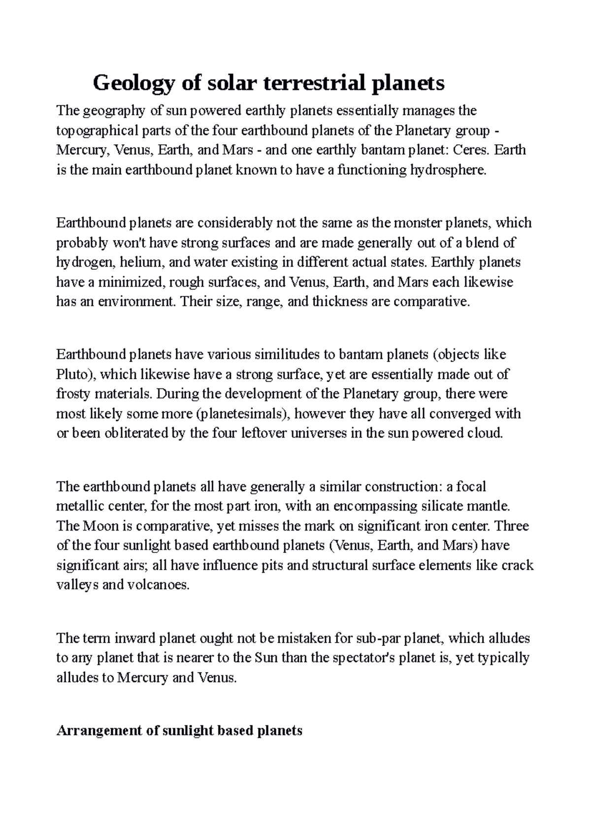 Geology of solar terrestrial planets - Earth is the main earthbound ...