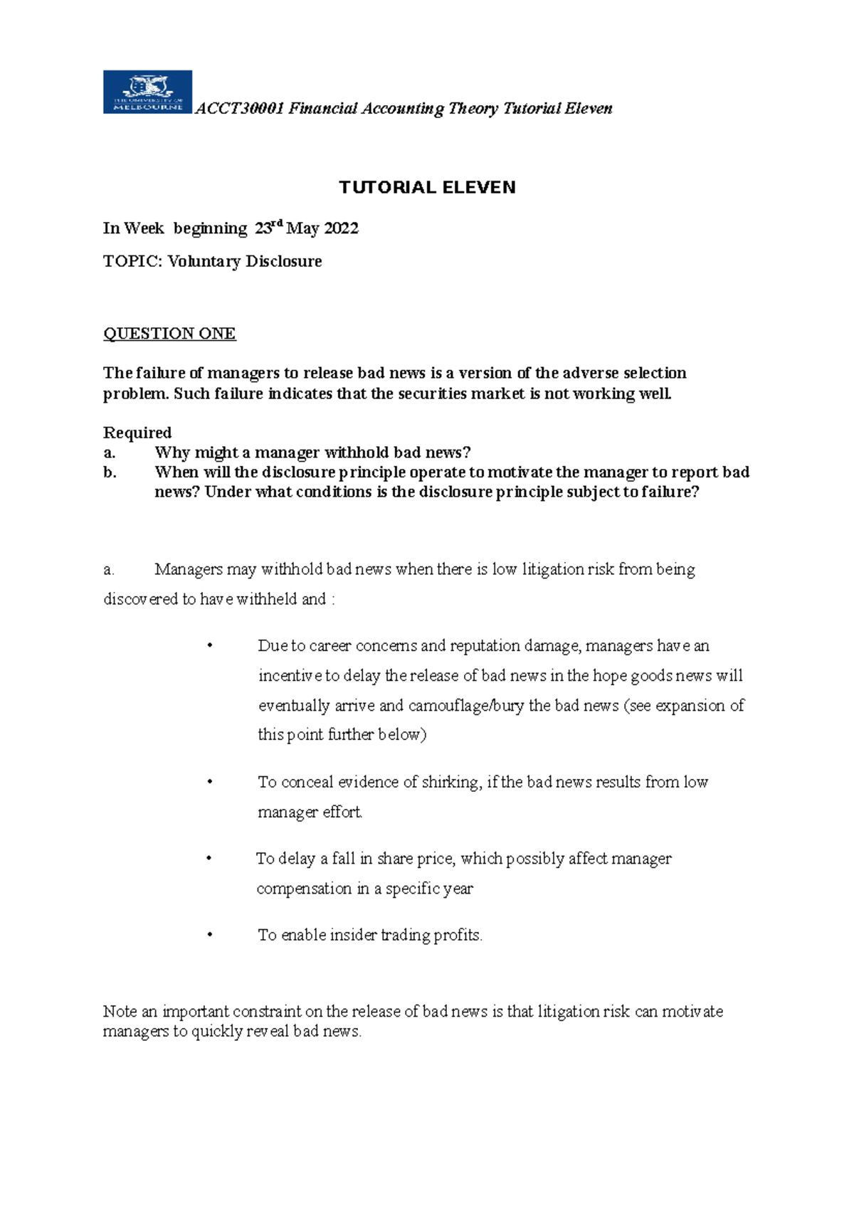 Tut11 Questions Solutions-1 - TUTORIAL ELEVEN In Week beginning 23rd May 2022 TOPIC: Voluntary ...
