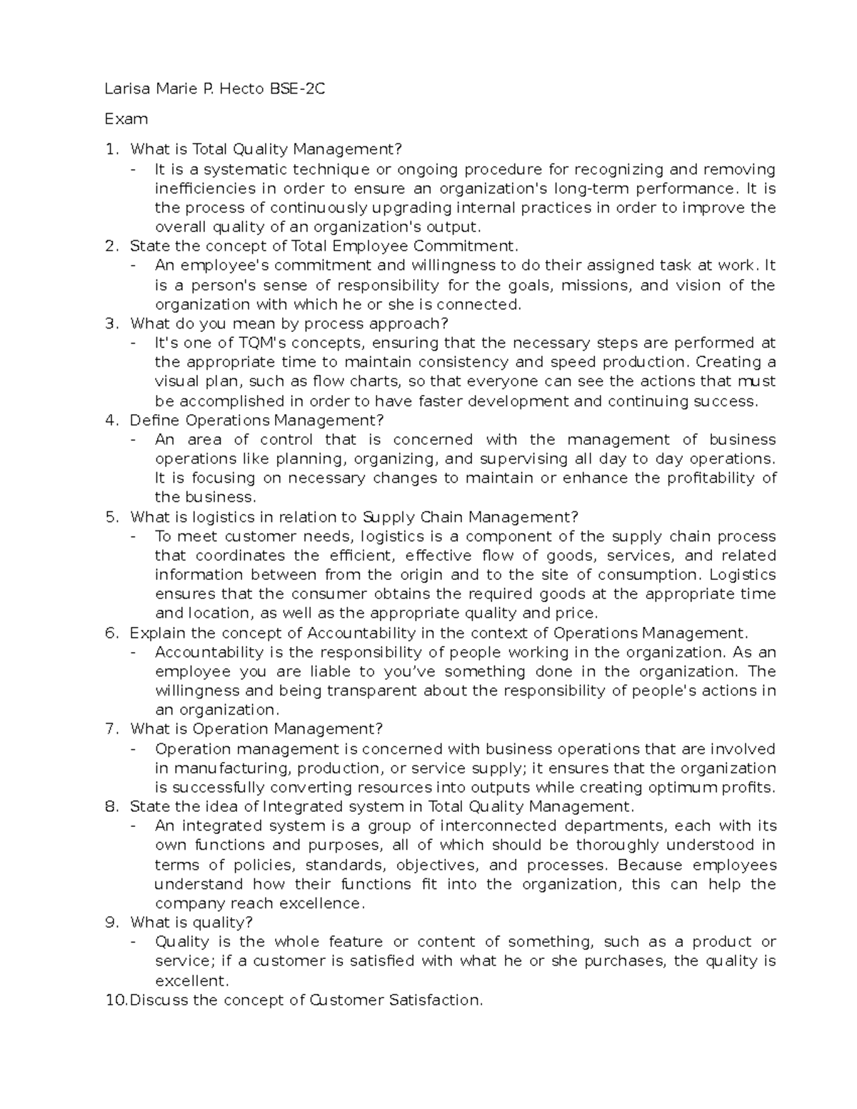 Examination of Operation Management - BS entrepreneurship - EVSU - Studocu