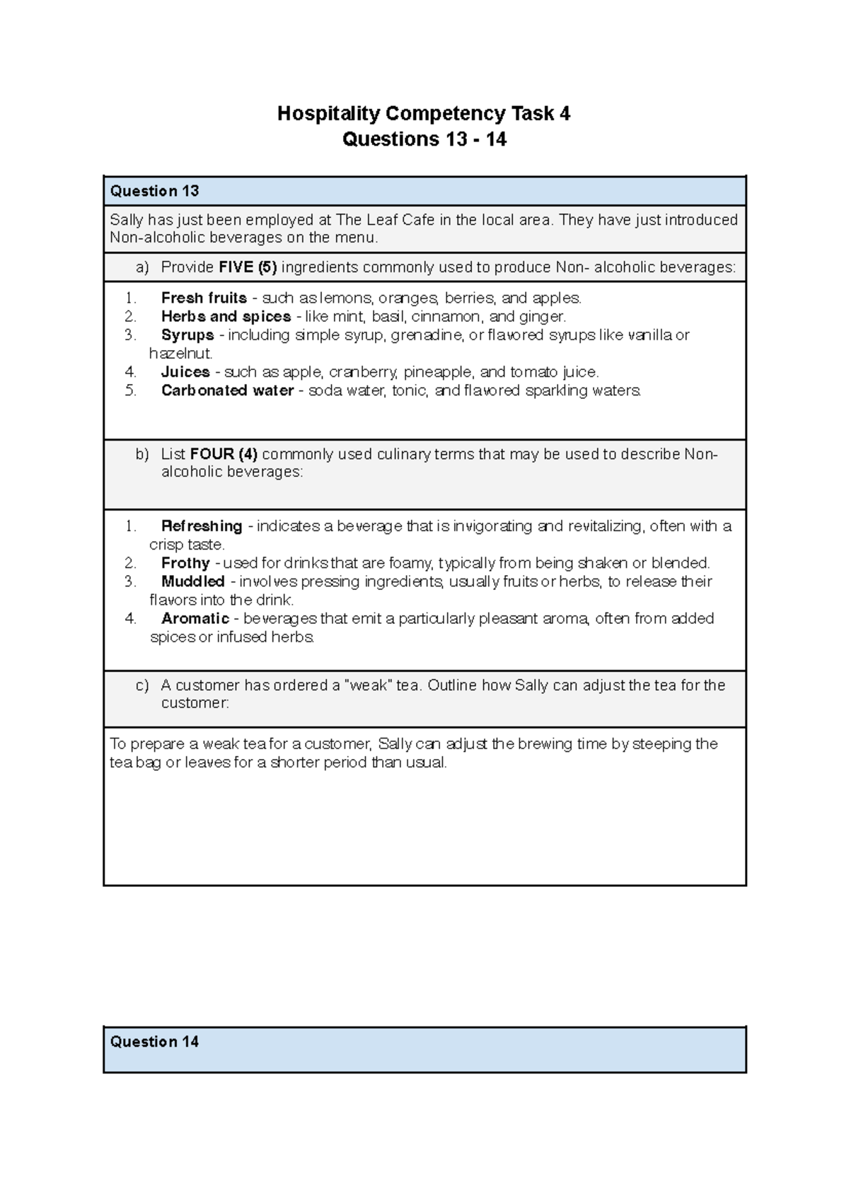 Hospitality Competency Task 4 Q13-14 - Hospitality Competency Task 4 ...