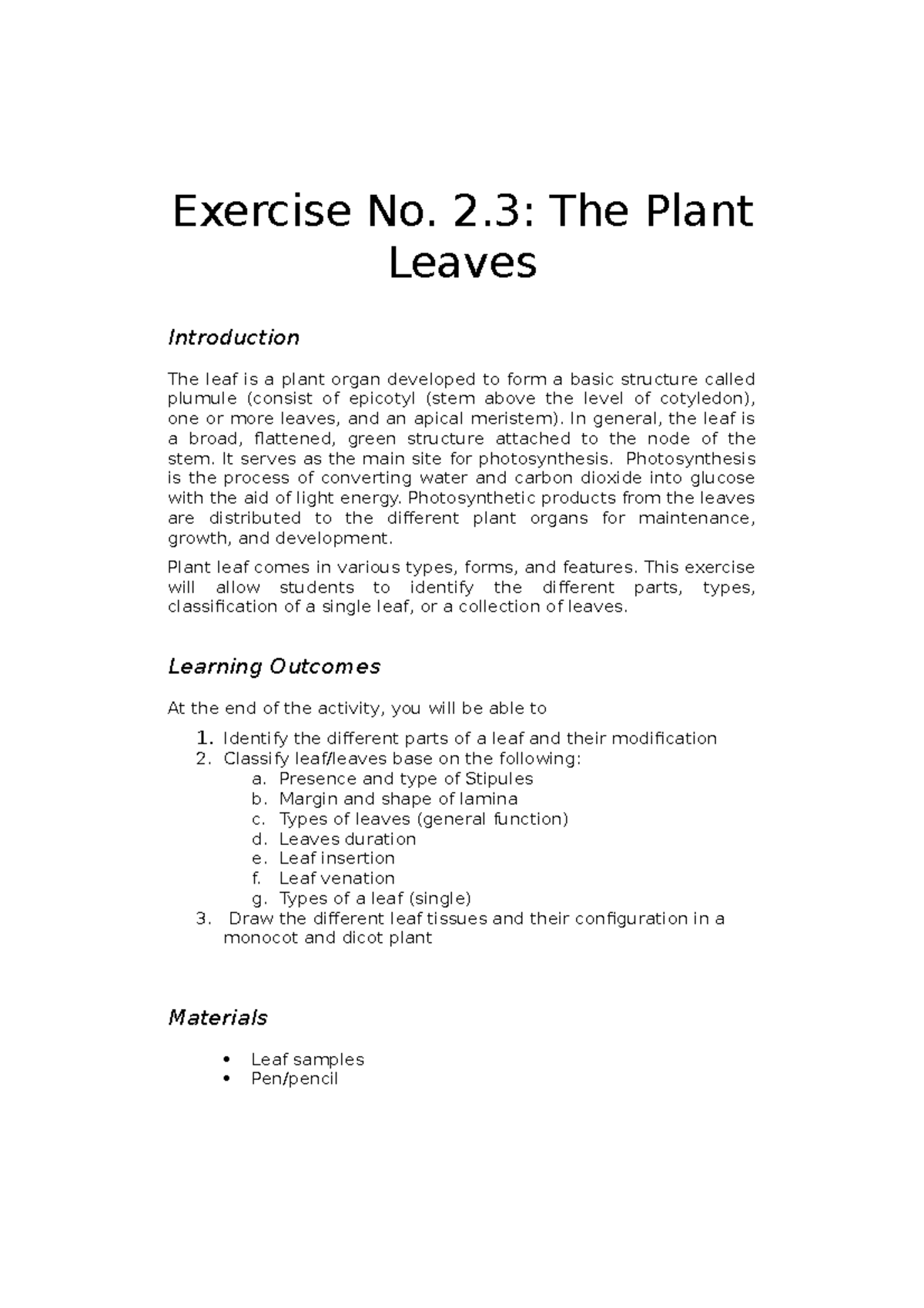 Exercise No 2: Practice MAterials - Agricultural Botany - Studocu