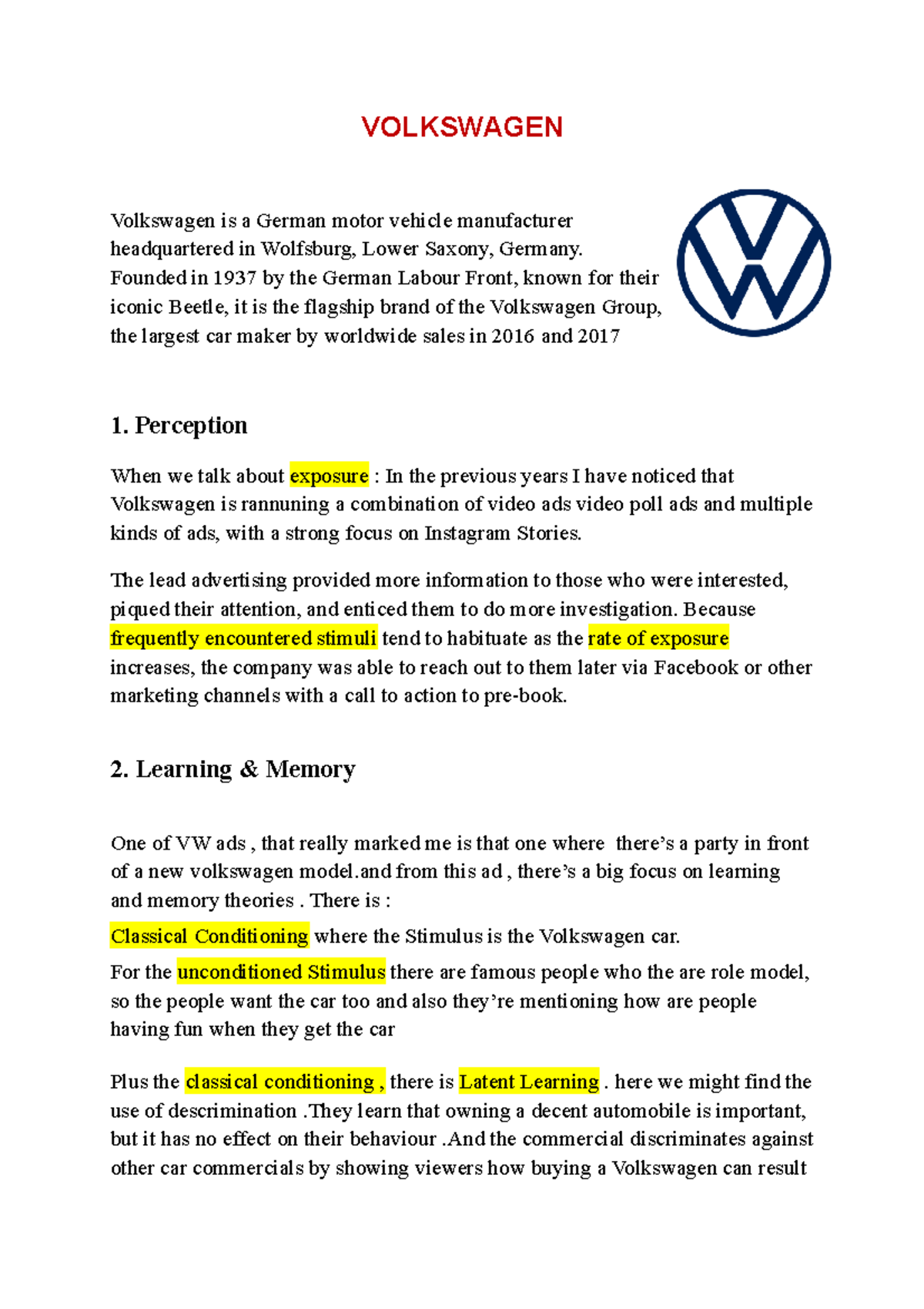 Volkswagen - work - VOLKSWAGEN Volkswagen is a German motor vehicle ...