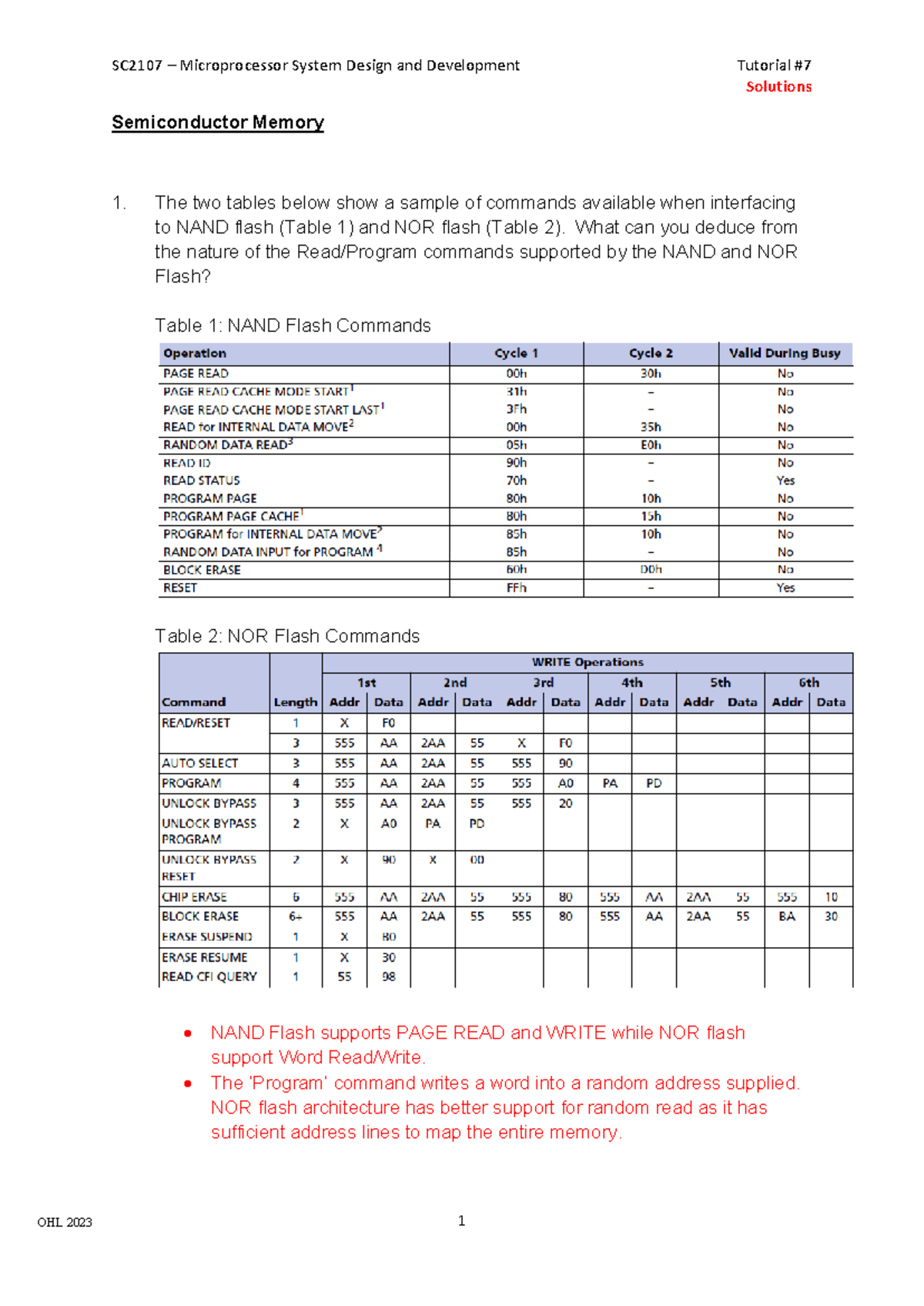 Tutorial#7(wk9 materials) - soln - Solutions Semiconductor Memory The two tables below show a ...