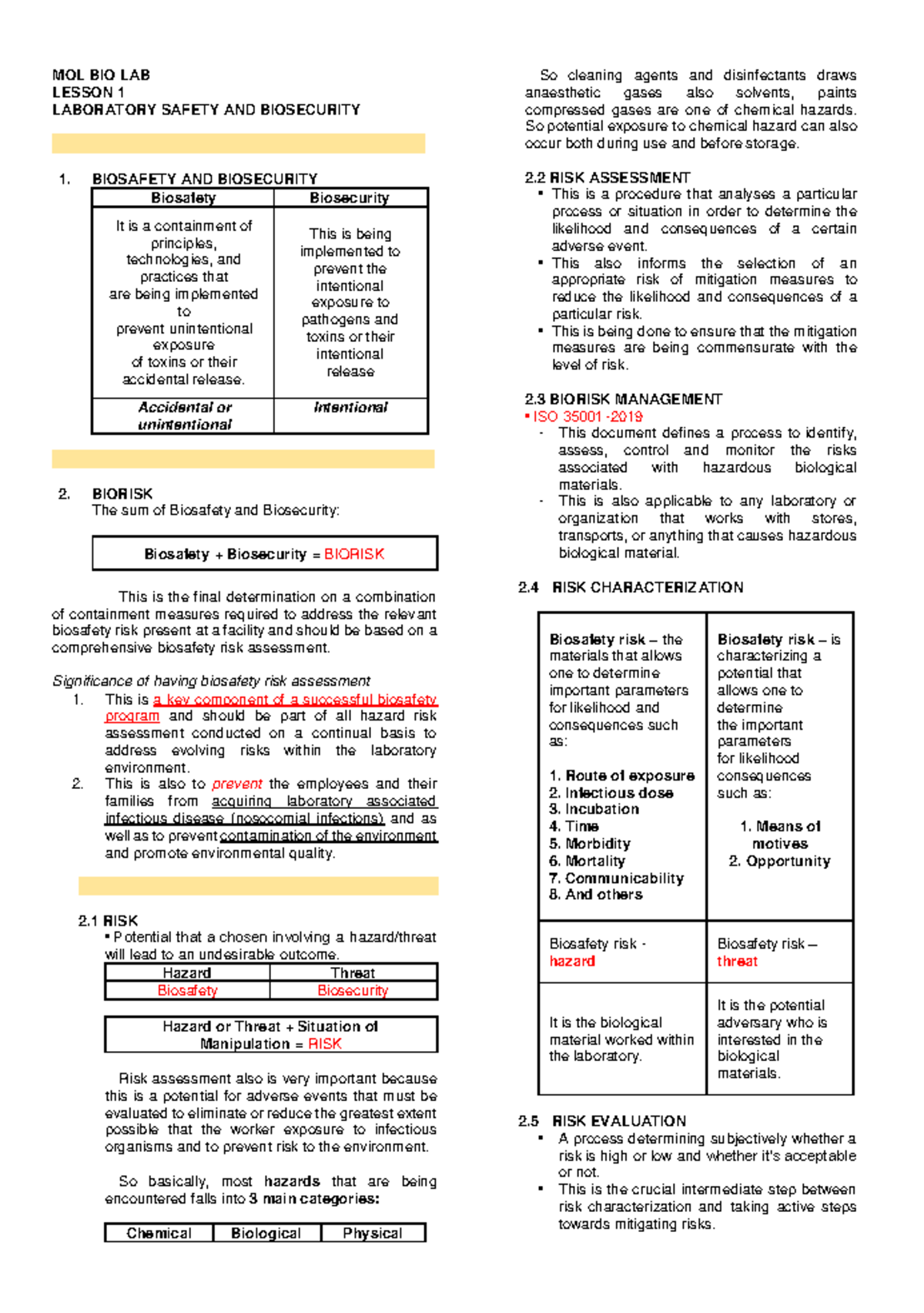 Laboratory Safety and Biosecurity - MOL BIO LAB LESSON 1 LABORATORY ...