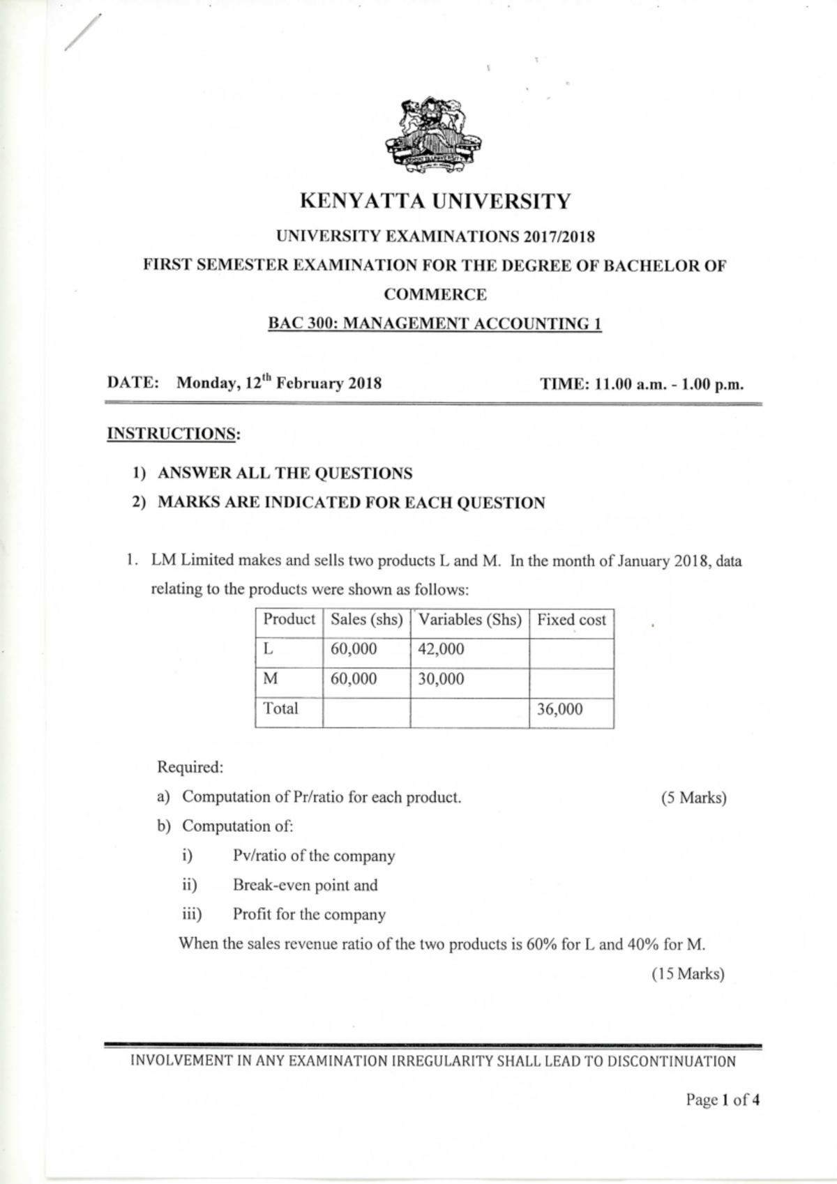 BAC300 2018 - Past paper - Management Accounting - Studocu