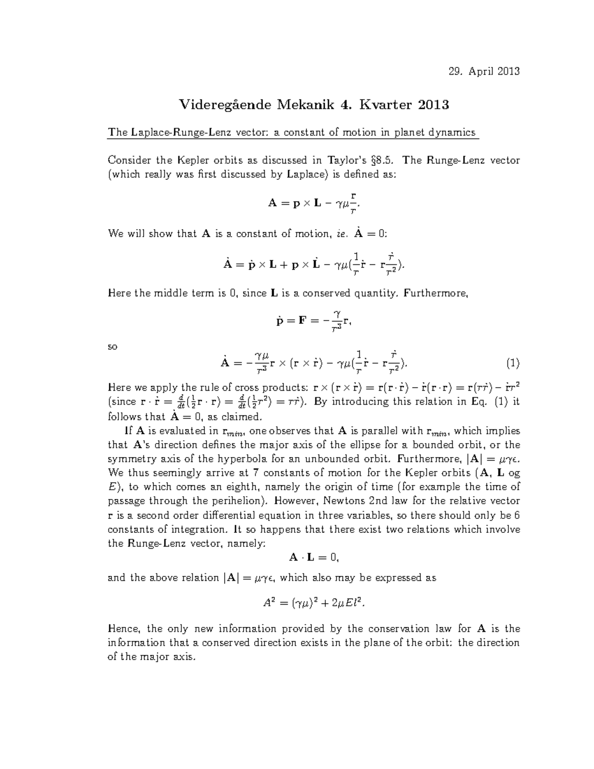 Practical - Notes Of The Laplace-runge-lenz Vector - 29. April 2013 ...