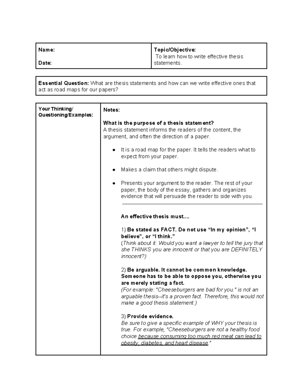 Thesis Statement Cornell Notes-1 - Name: Date: Topic/Objective: To ...