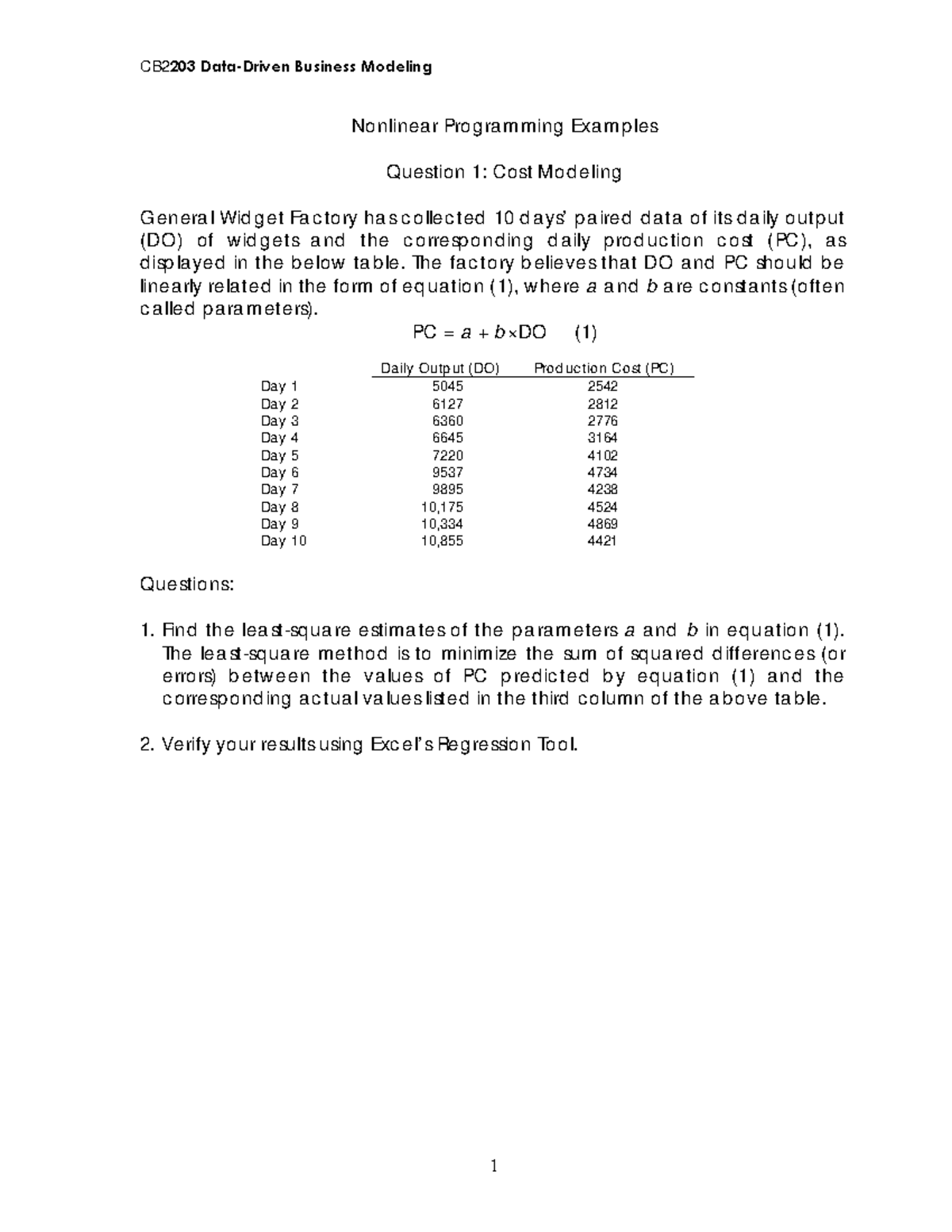 NLP Examples - CB2203 Data-Driven Business Modeling 1 Nonline a r Prog ra mming Exa mple s Que ...