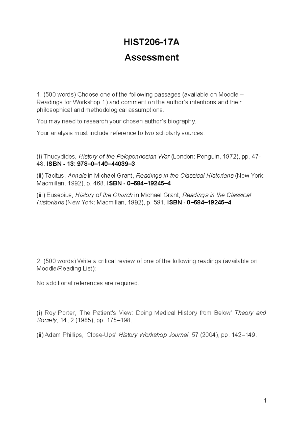 Assessment-2017 - Outline of required assignments - HIST206-17A ...