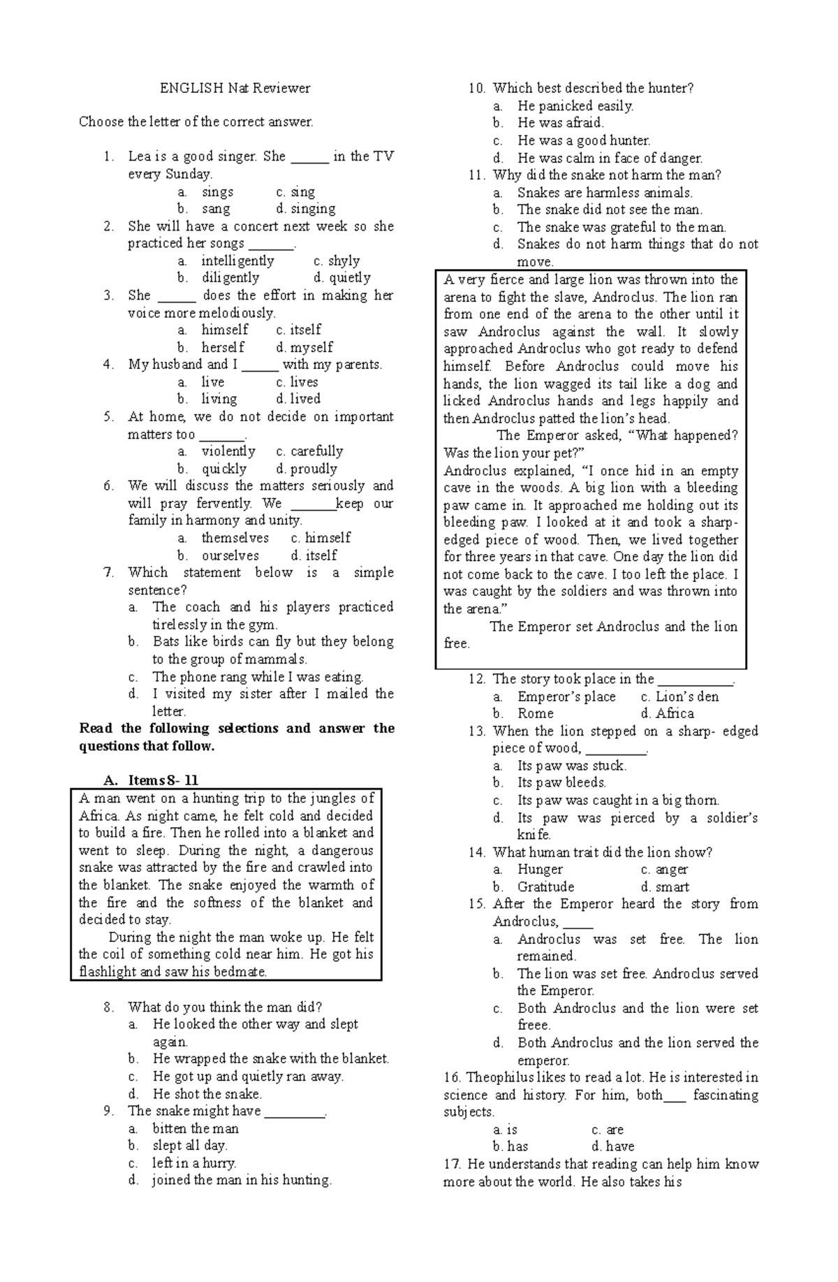 NAT 6 English Reviewer 1 1 - ENGLISH Nat Reviewer Choose the letter of ...