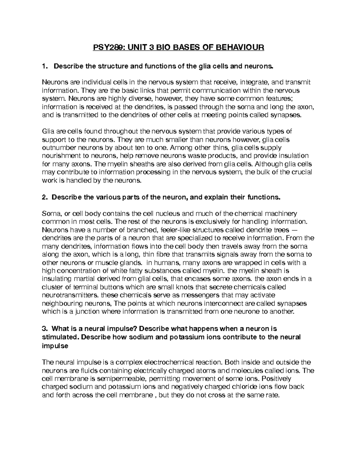 Unit 3 - notes - PSY289: UNIT 3 BIO BASES OF BEHAVIOUR Describe the ...