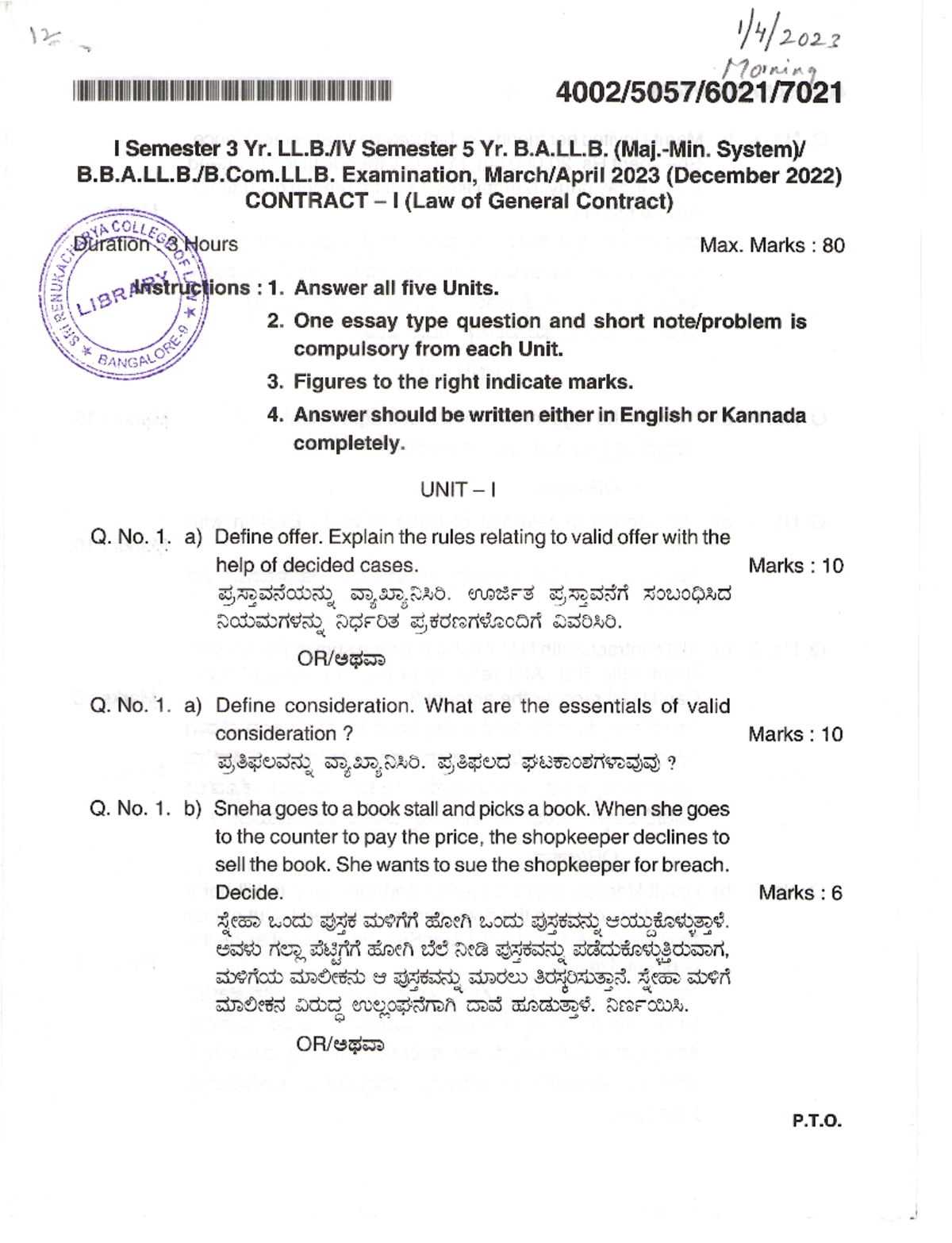 Cont I Mar 80marks 2023 - question paper - Llb 3 years - Studocu