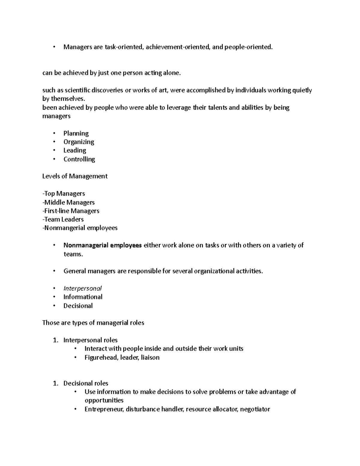 Management 340 - Notes from the first week of class. - Managers are ...