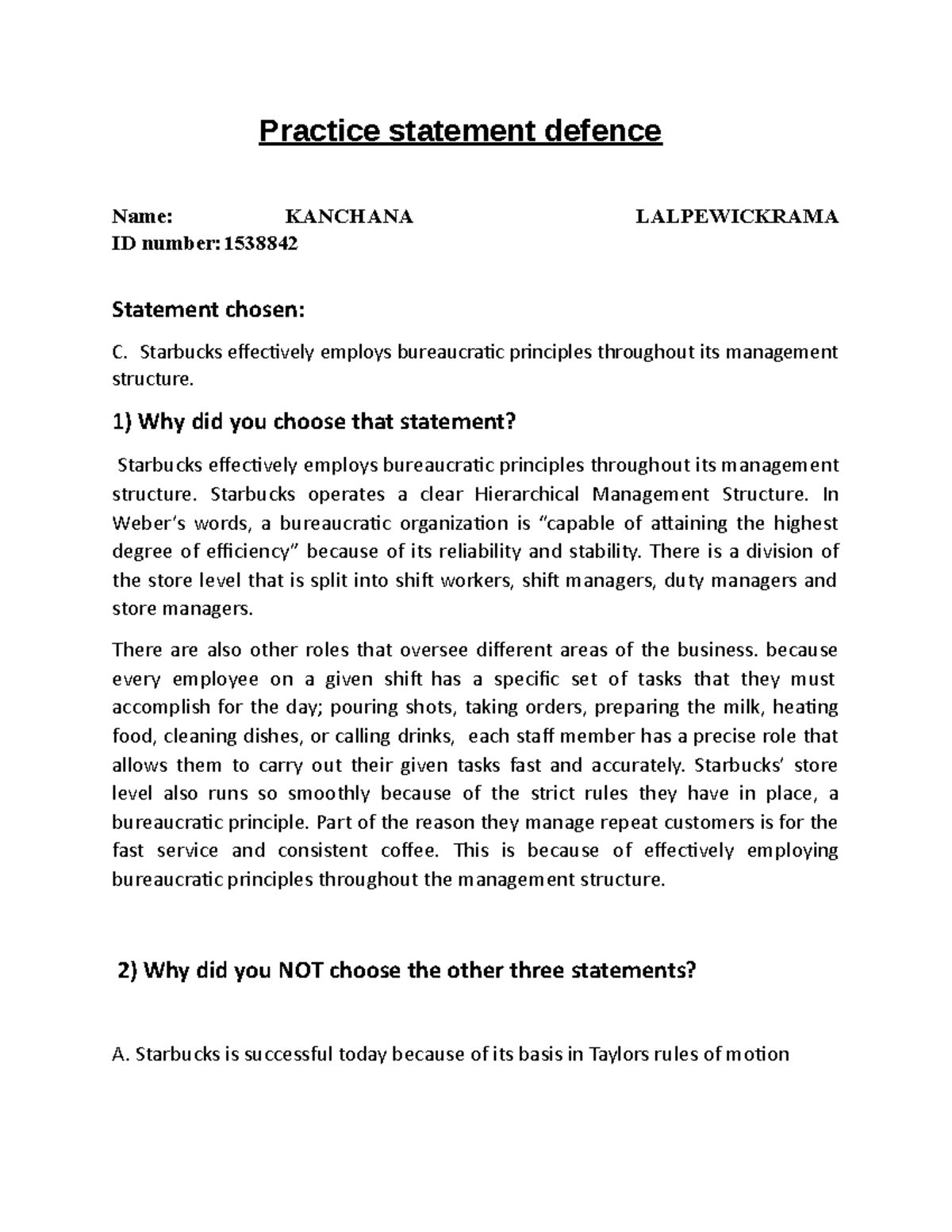 stratagic management practise statment defence 2022 - Practice ...