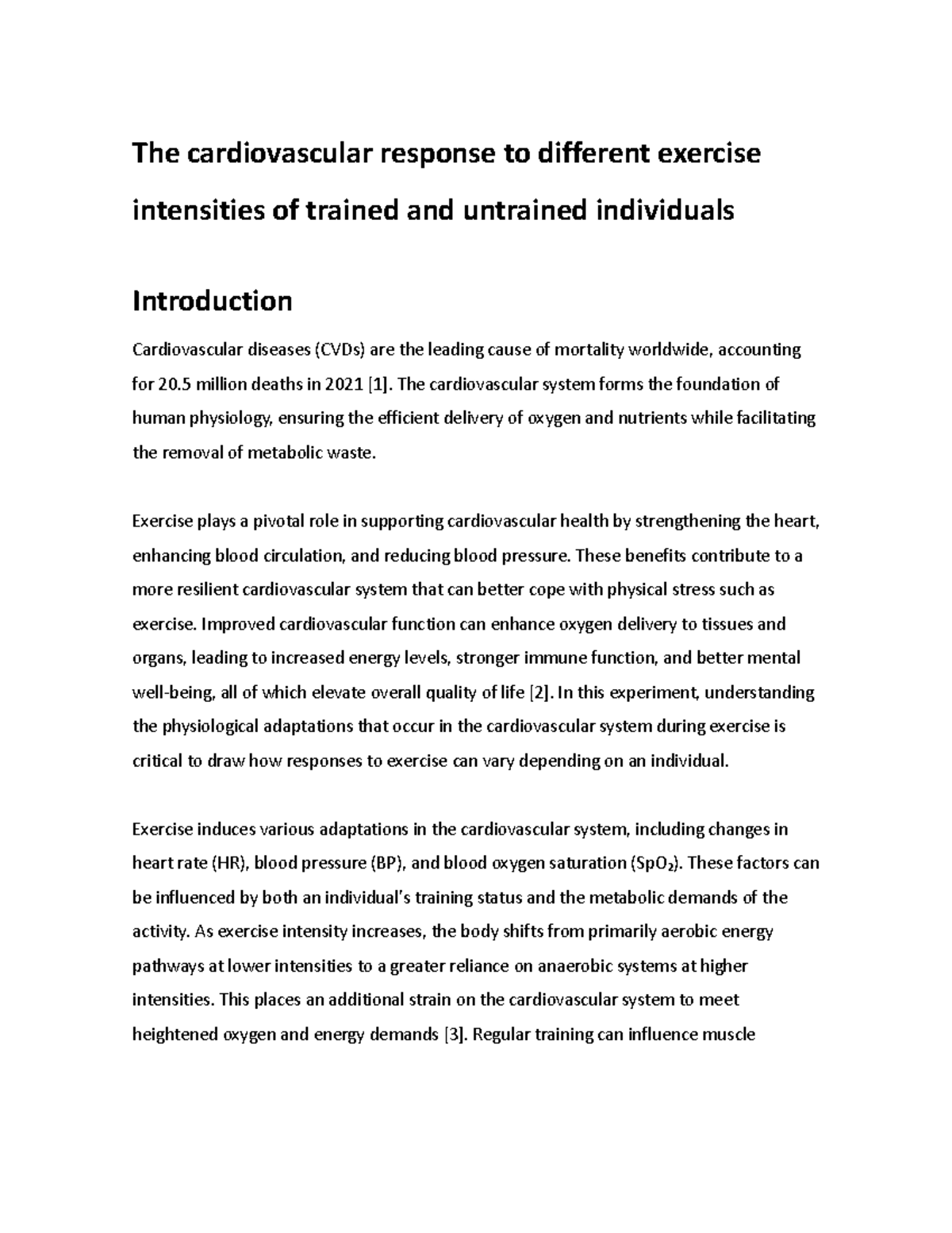 Module 1 Exercise Prac Report - The cardiovascular response to different exercise intensities of ...