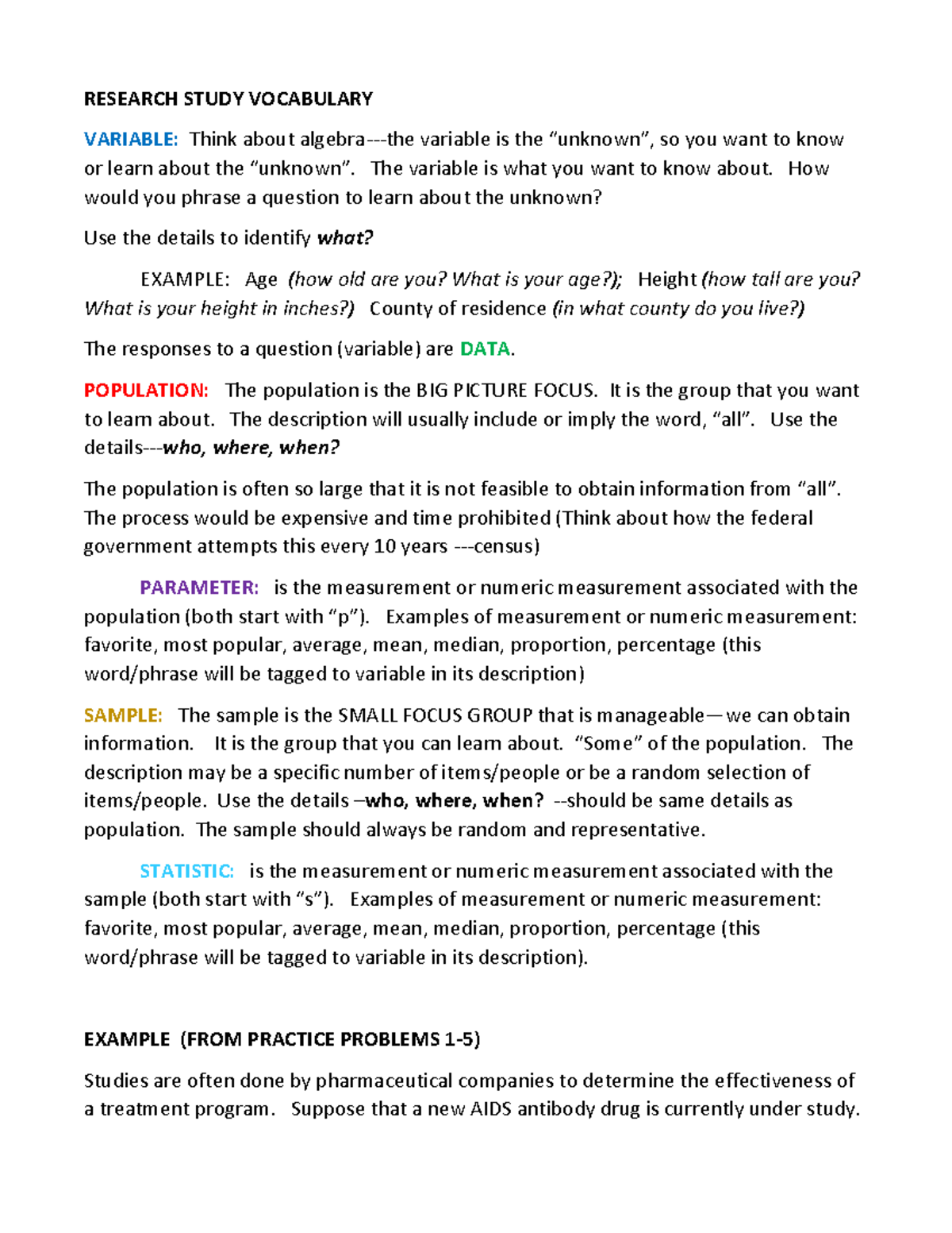 Extra Notes for Statistics Vocabulary Summary including Examples 1 ...