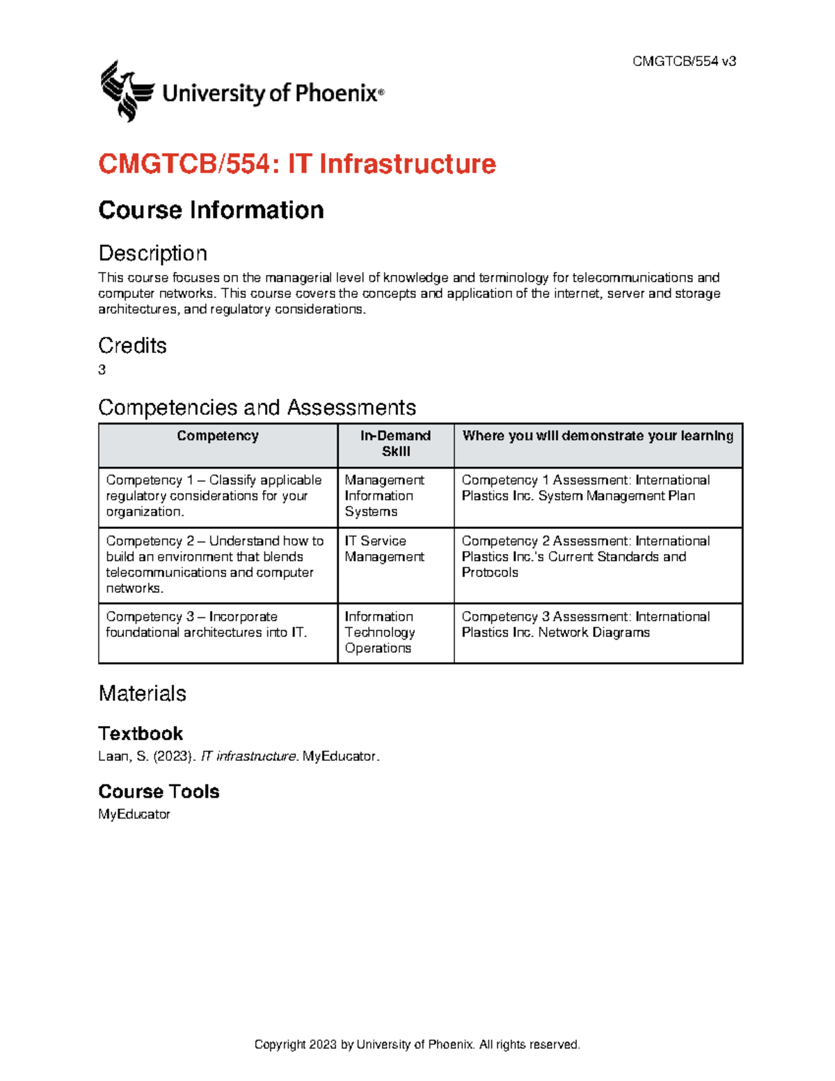 Cmgtcb 554 v3 syllabus - course - CMGTCB/554 v Copyright 2023 by University of Phoenix. All ...