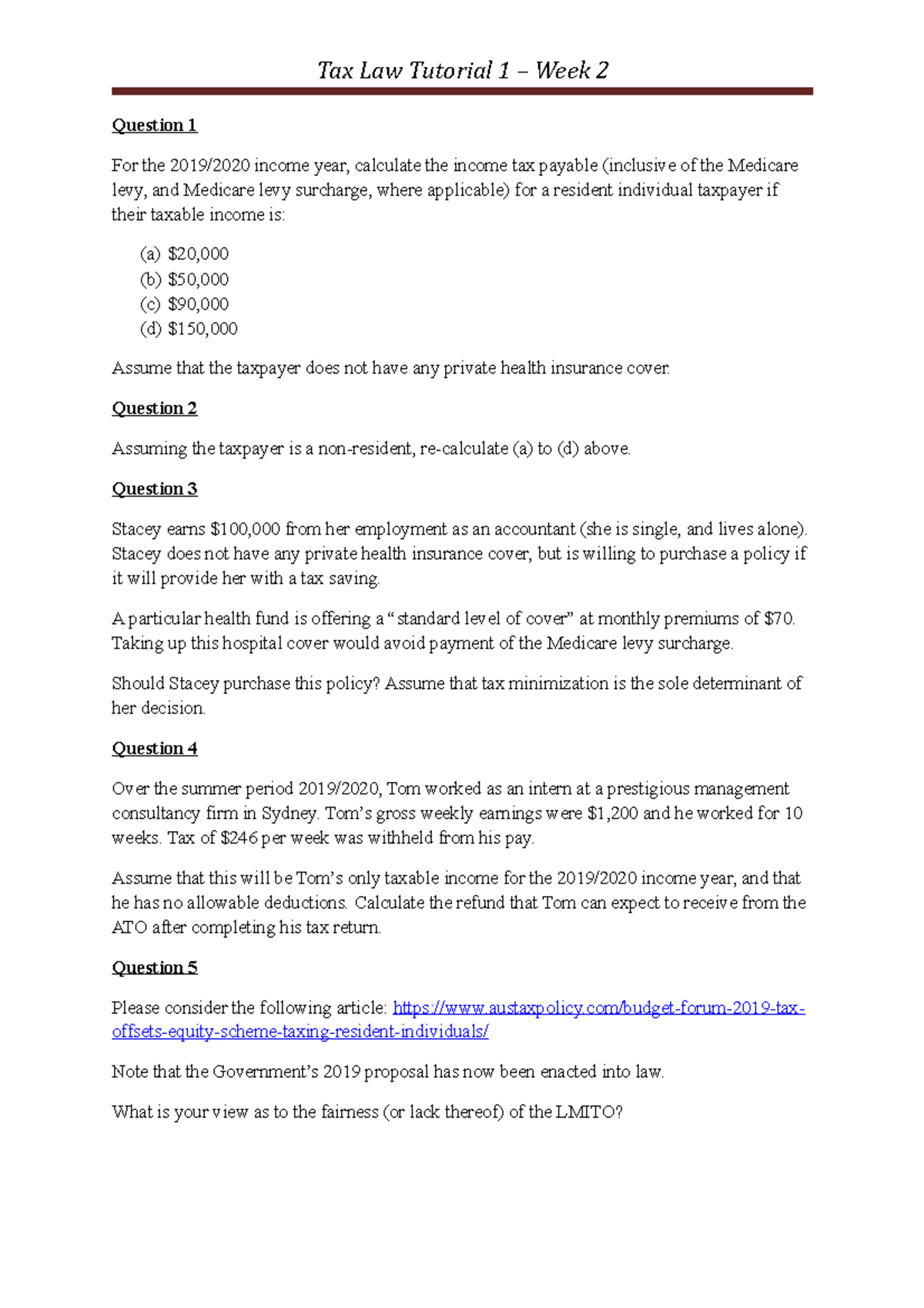 Tutorial 1 - Week 2 - Introduction - Tax Law Tutorial 1 – Week 2 ...