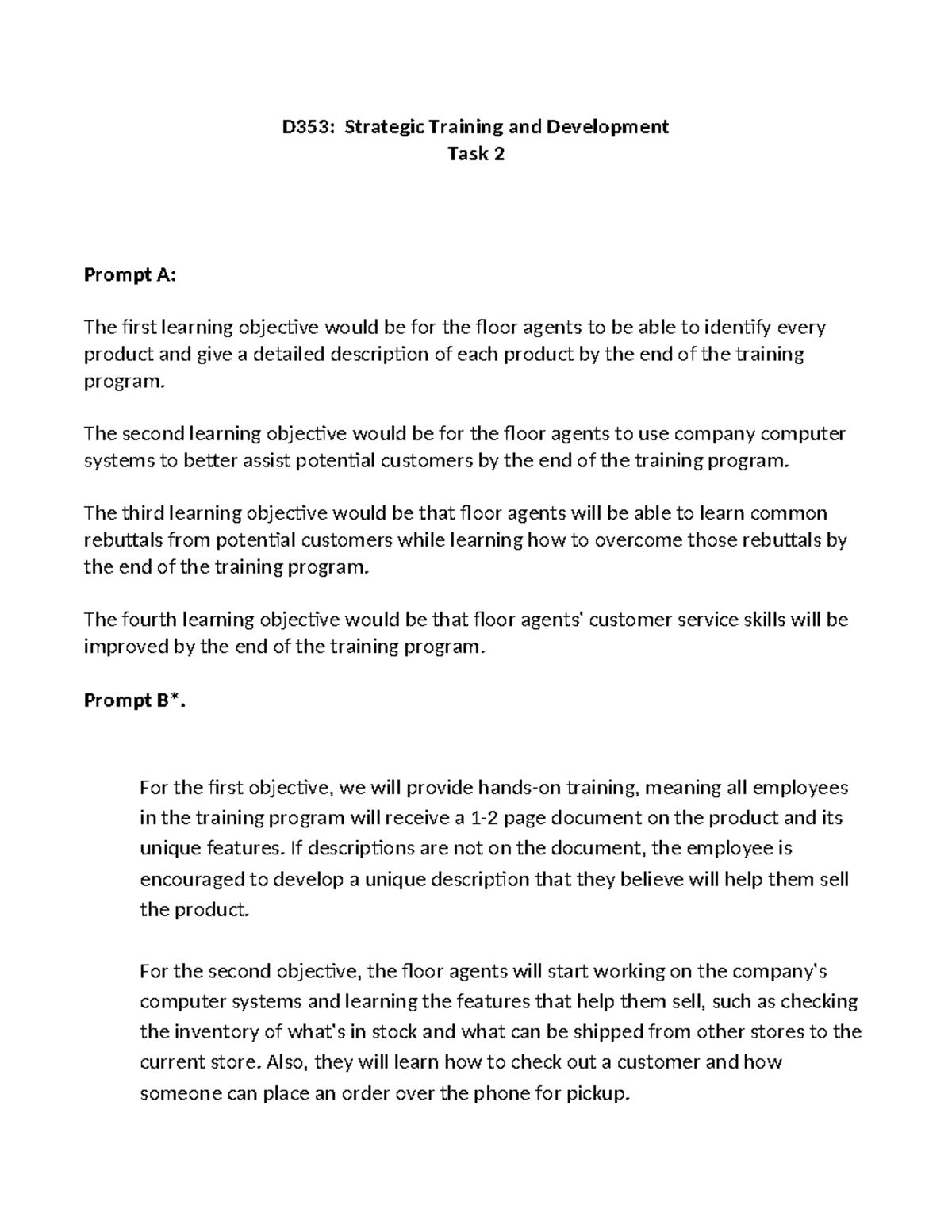 D353 Task 2- PASSED - D353: Strategic Training and Development Task 2 ...