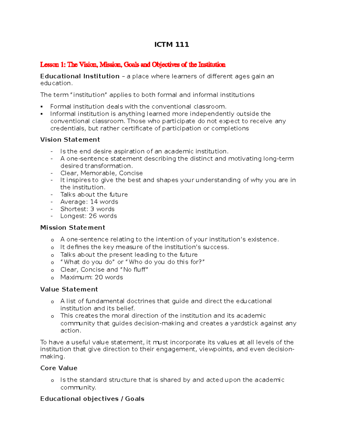 ICTM 111 - secret - ICTM 111 Lesson 1: The Vision, Mission, Goals and ...