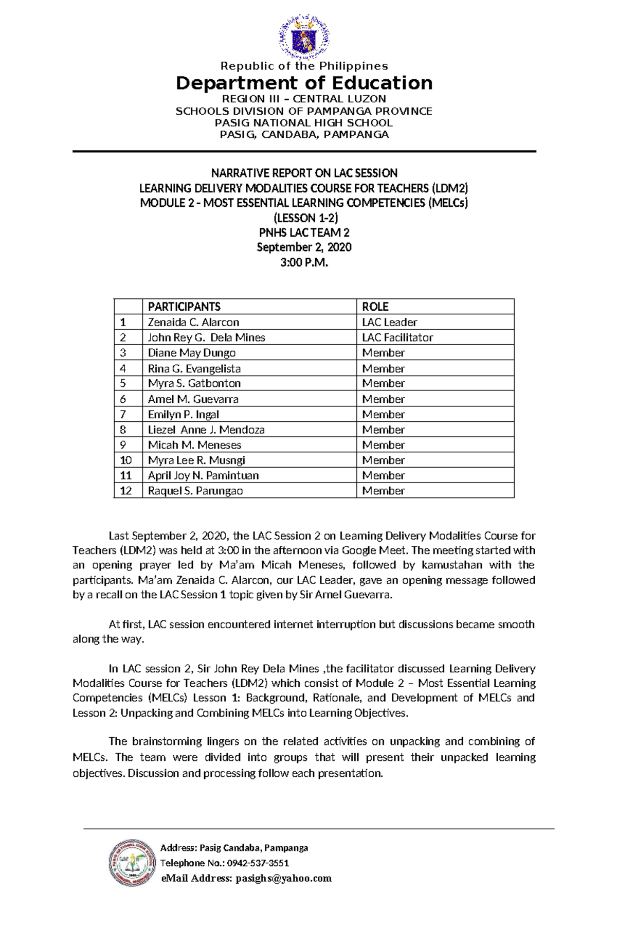Activity Completion Report ON Presentation OF Unpacking Sample Melcs ...