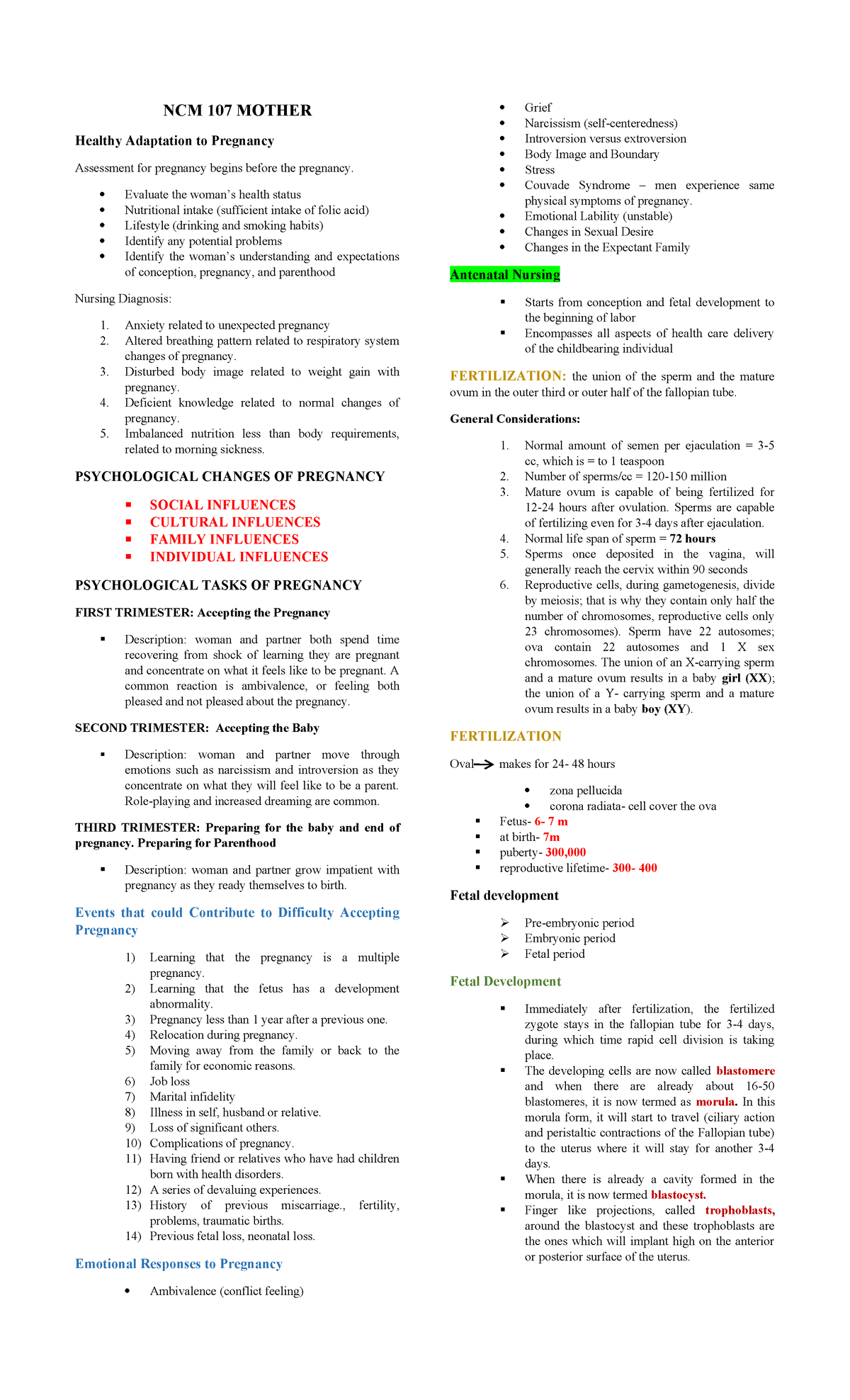 NCM-107- Mother - nursing reviewer. - NCM 107 MOTHER Healthy Adaptation ...