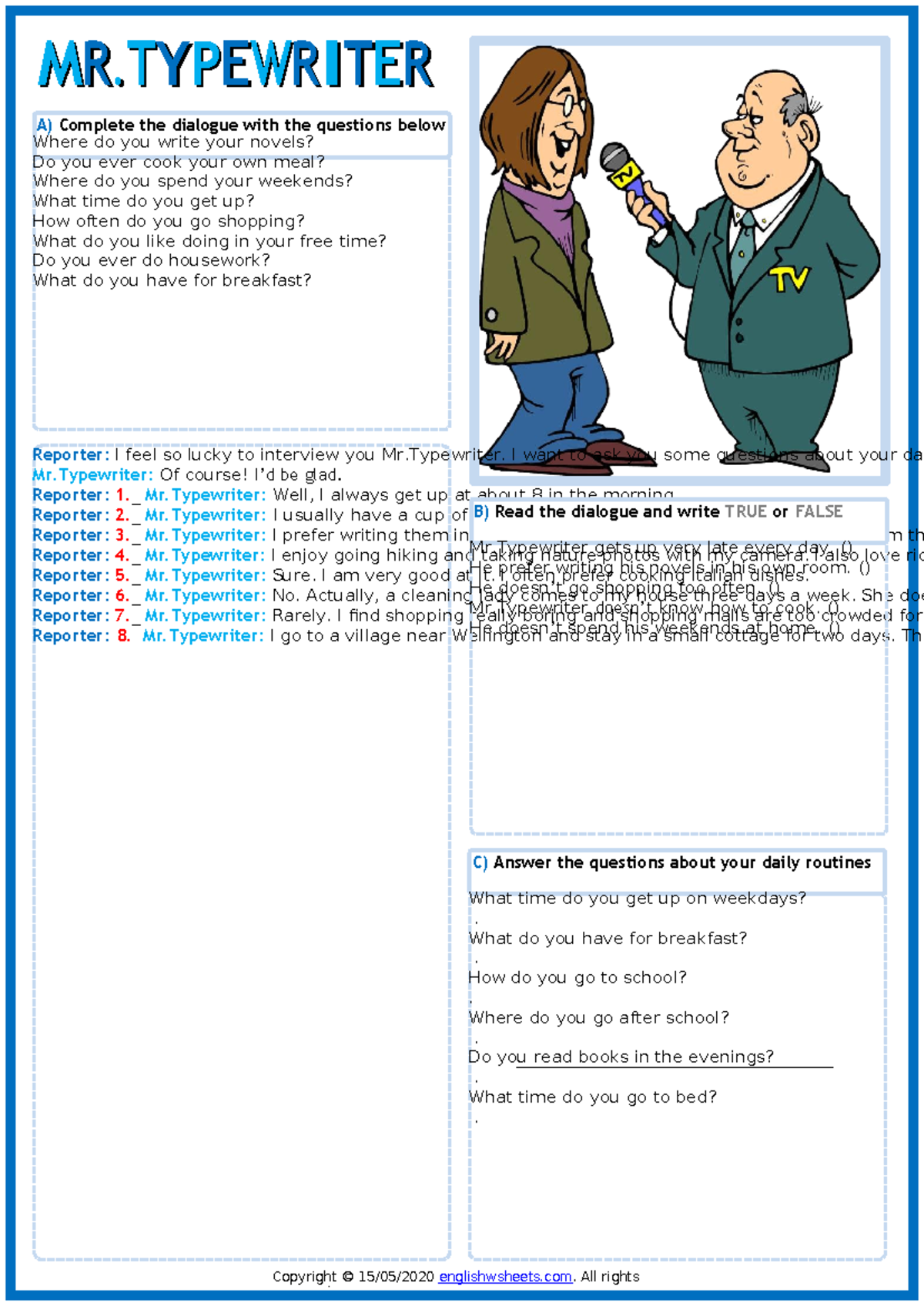 Present simple mr typewriter daily routines esl dialogue exercises ...
