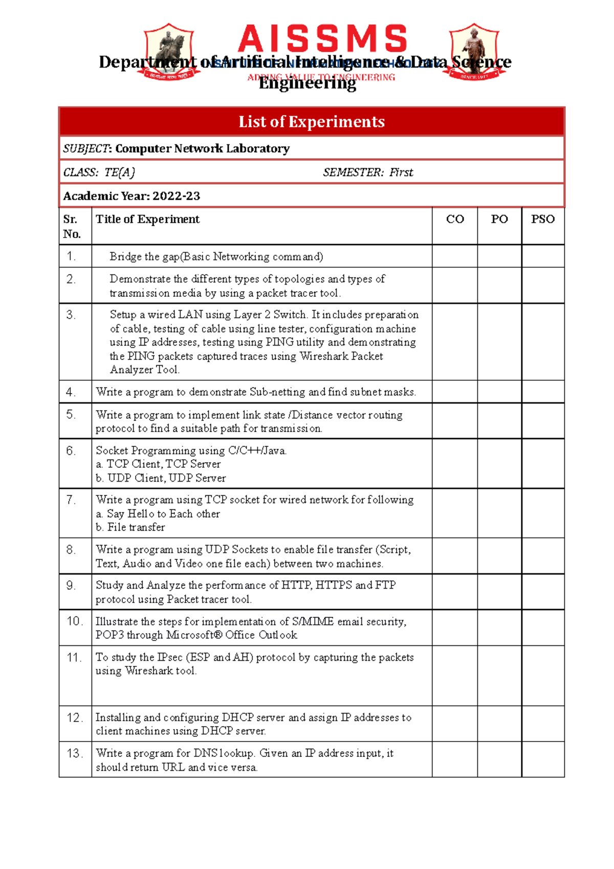 List of Experiments CN - Department of Artificial Intelligence & Data ...