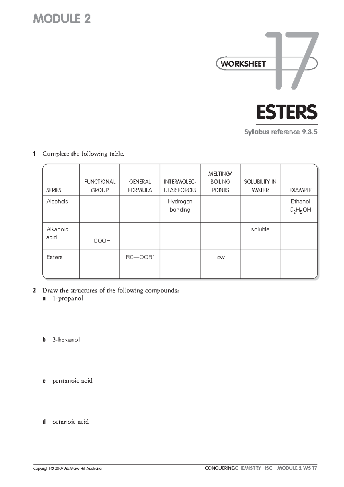 Esters Worksheet - 1 Complete the following table. 2 Draw the ...