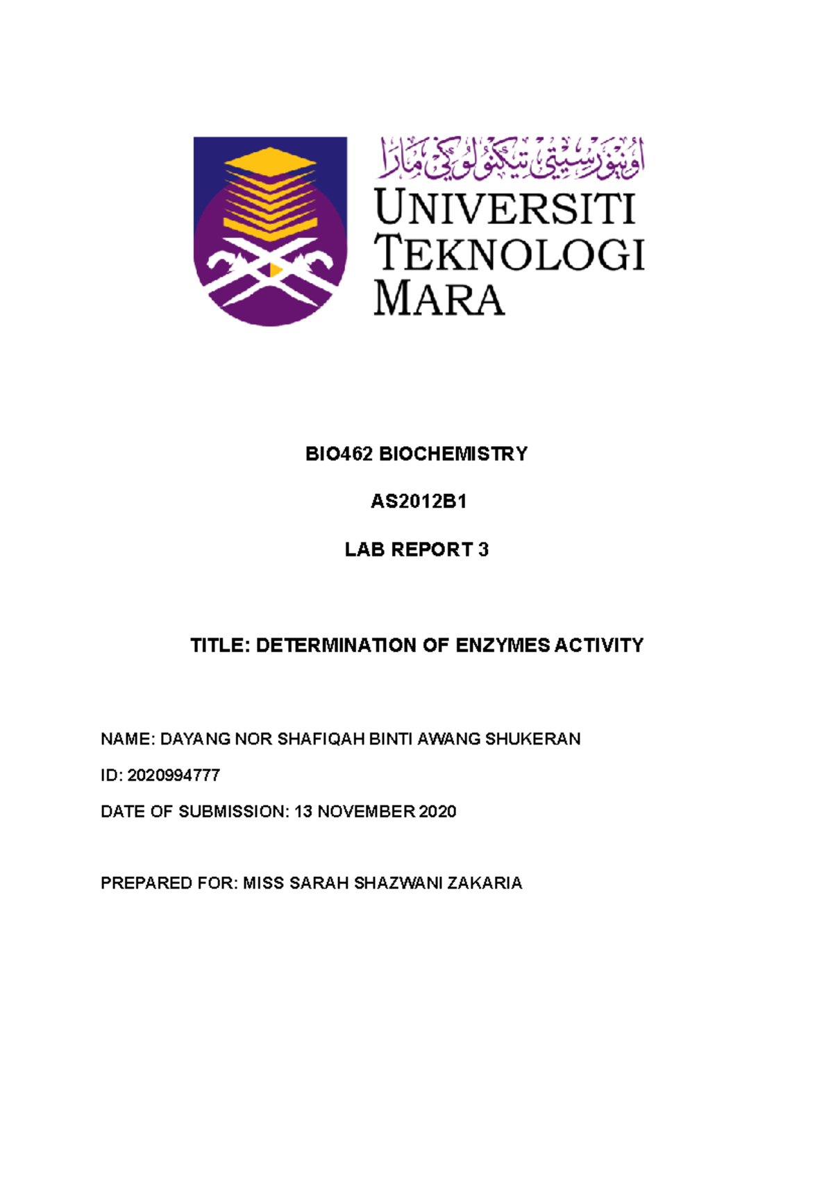LAB3 - BMS553 - BIO462 BIOCHEMISTRY AS2012B LAB REPORT 3 TITLE ...